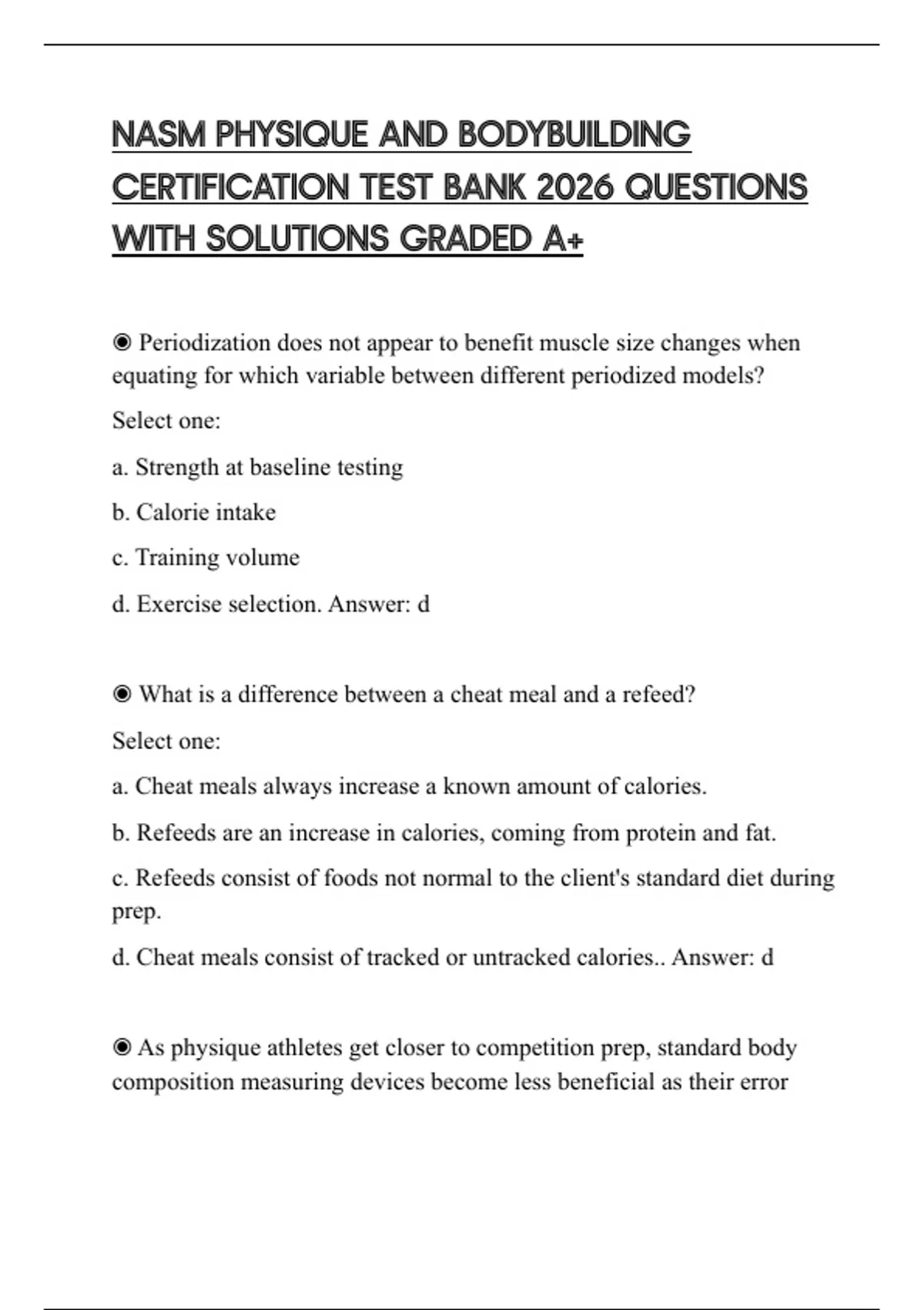 NASM PHYSIQUE AND BODYBUILDING CERTIFICATION TEST BANK 2026 QUESTIONS ...