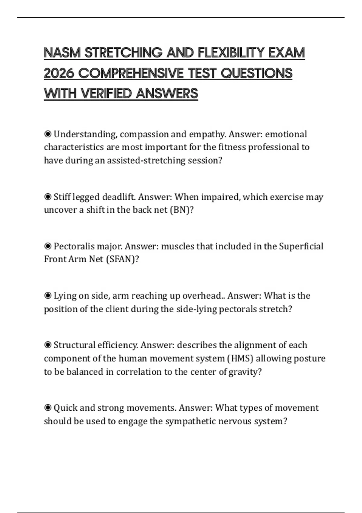 NASM STRETCHING AND FLEXIBILITY EXAM 2026 COMPREHENSIVE TEST QUESTIONS ...