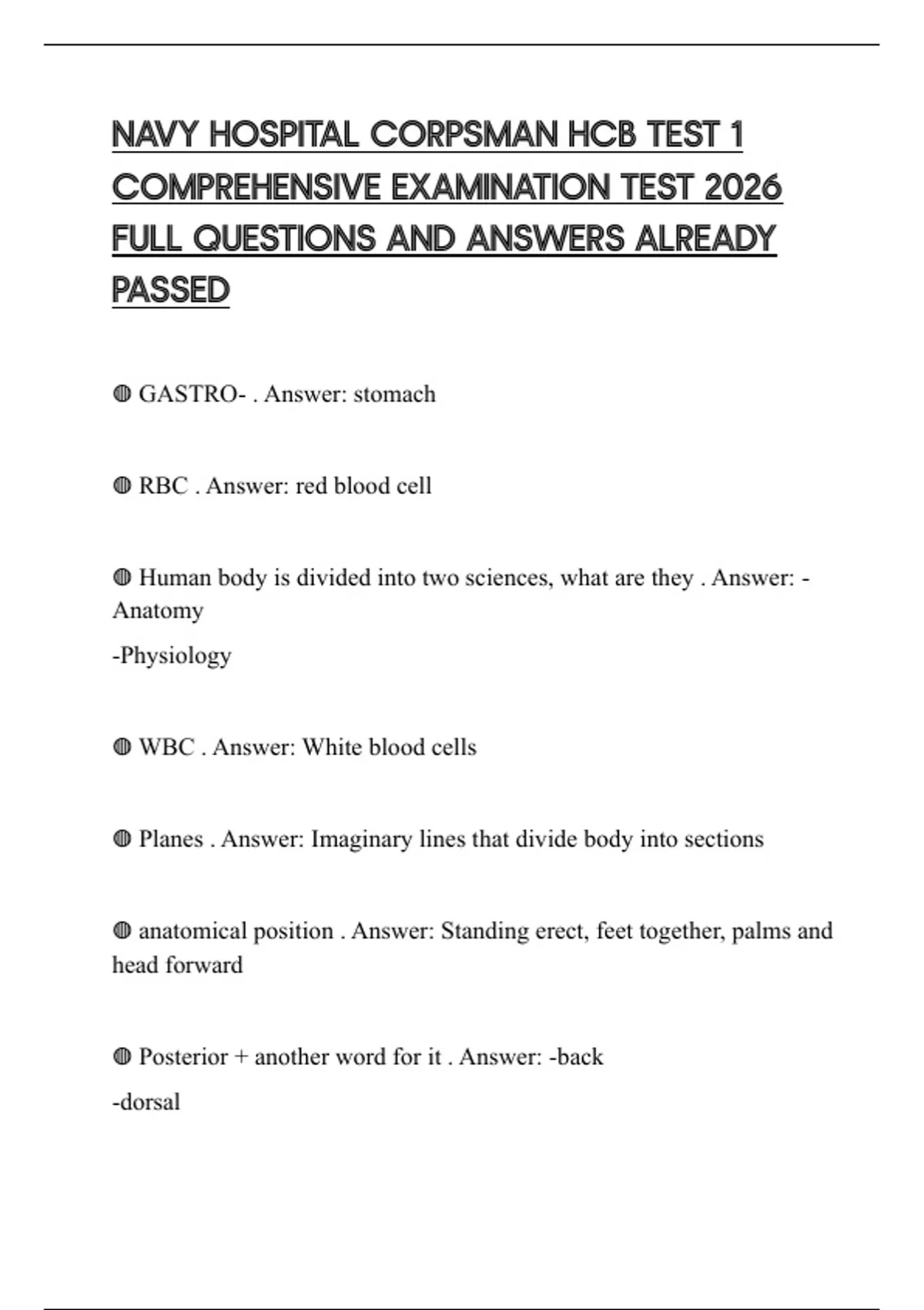 NAVY HOSPITAL CORPSMAN HCB TEST 1 COMPREHENSIVE EXAMINATION TEST 2026 ...