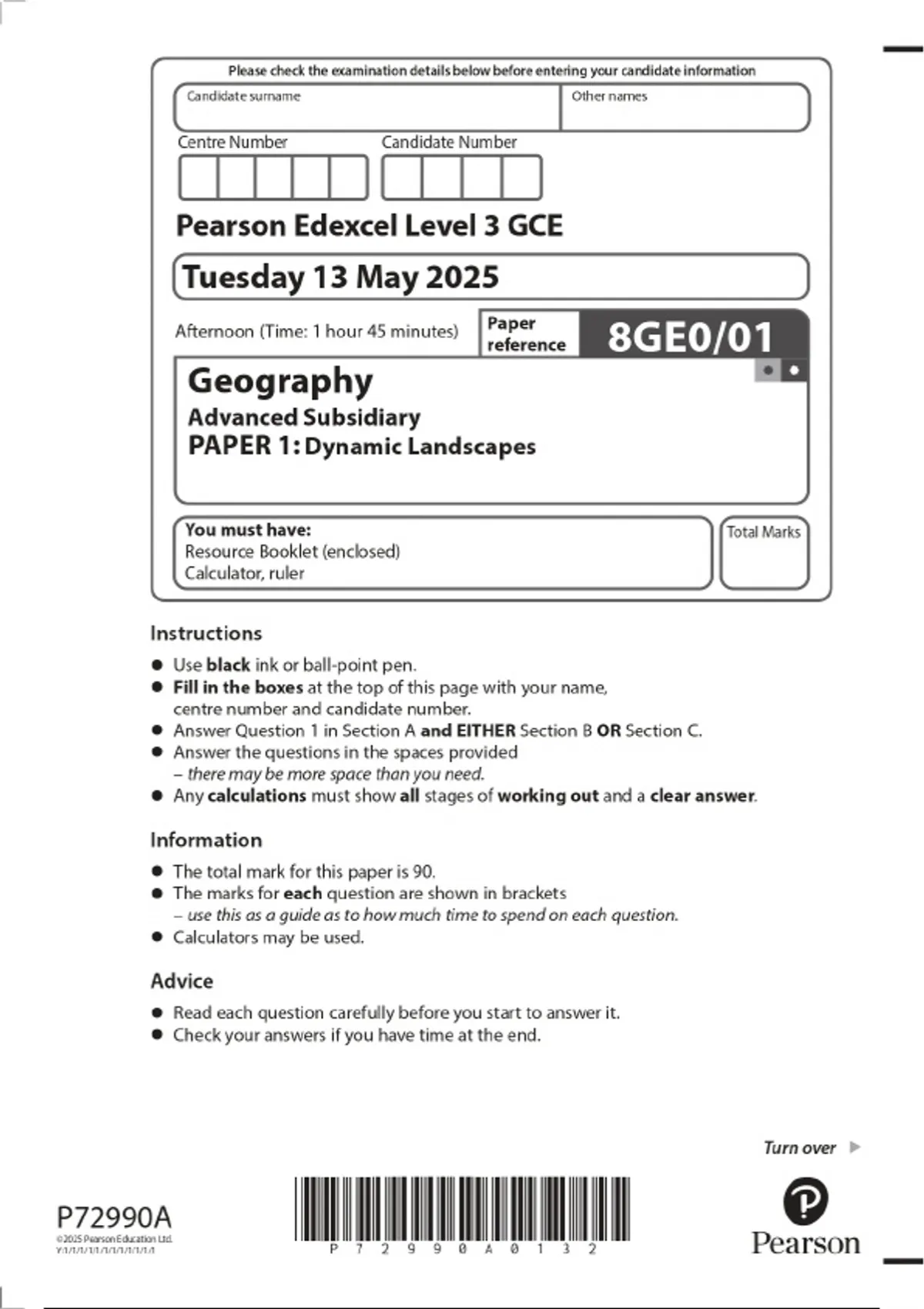 PACKAGE-:: 2025 Pearson Edexcel Level 3 GCE Geography EXAMS- Combined ...