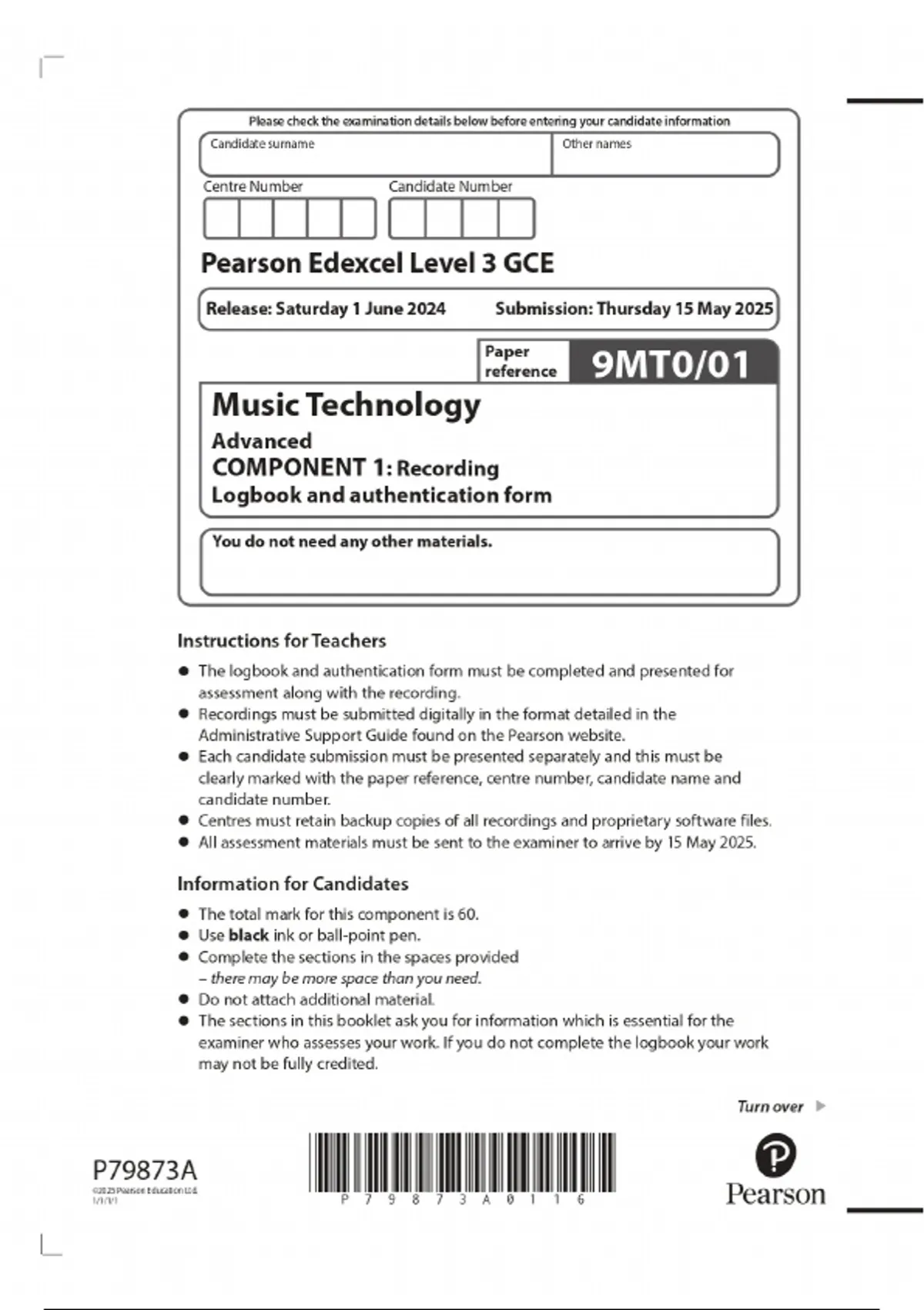 2025 Pearson Edexcel Level 3 GCE Music Technology Advanced COMPONENT 1 ...