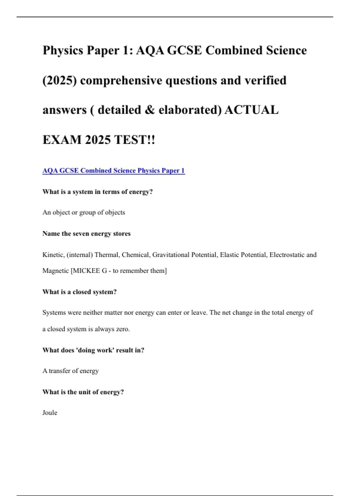 Physics Paper 1: AQA GCSE Combined Science (2025) comprehensive ...