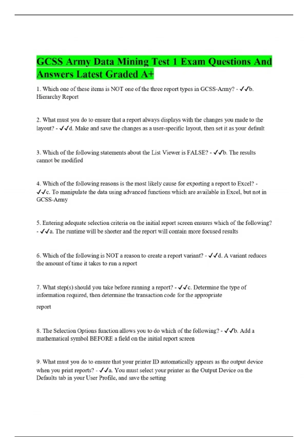 GCSS Army Data Mining Test 1 Exam Questions And Answers Latest Graded ...