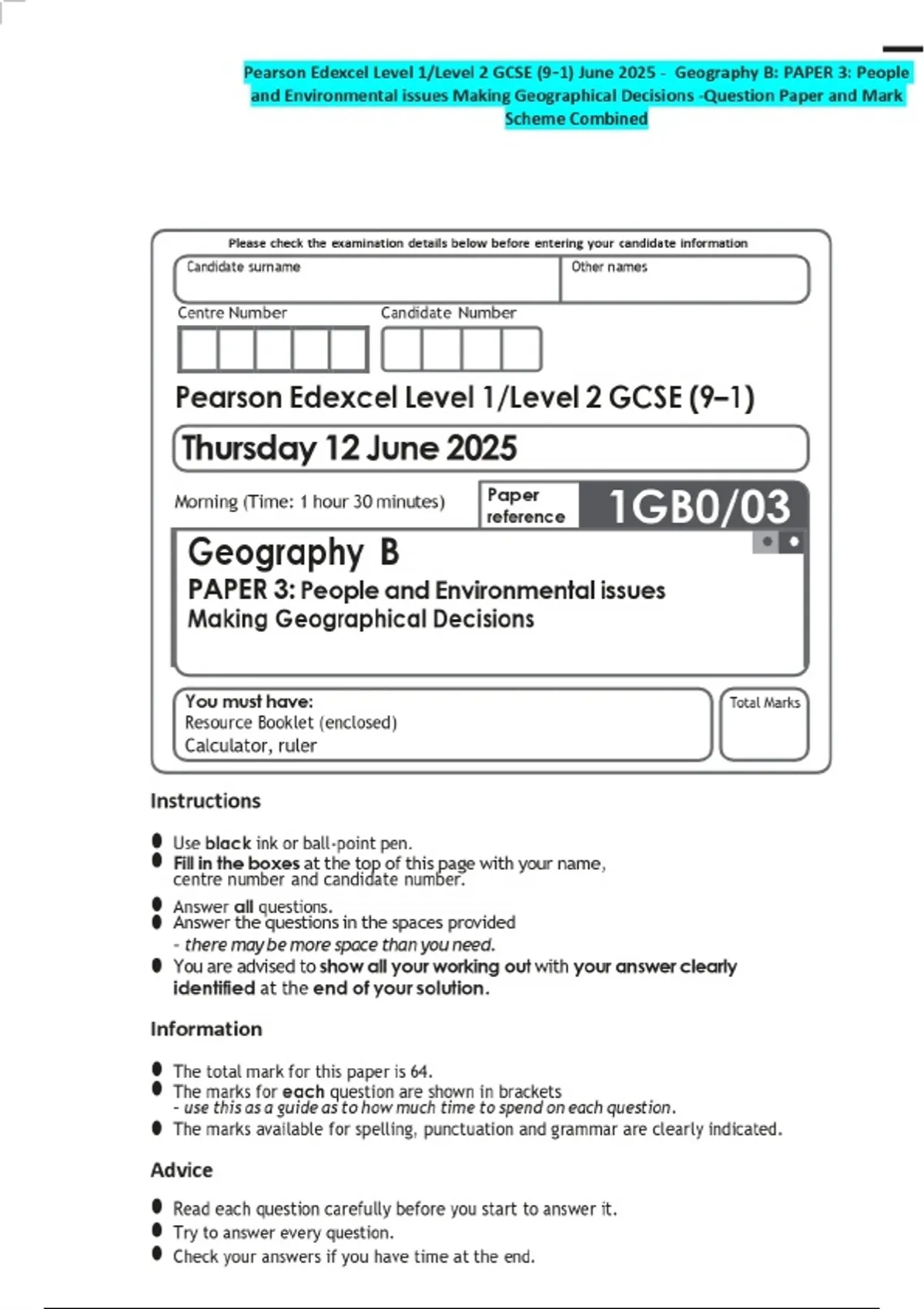 Pearson Edexcel Level 1/Level 2 GCSE (9-1) June 2025 - Geography B ...
