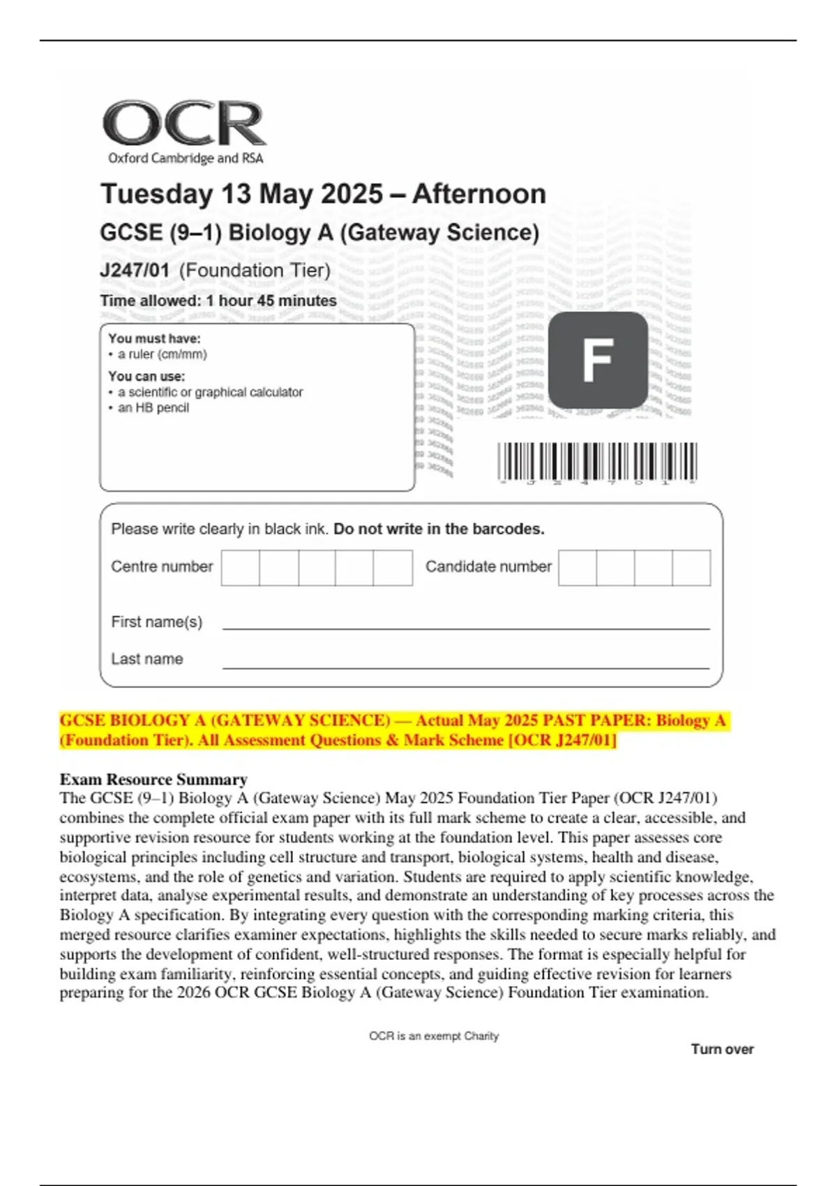 May–June 2025 OCR GCSE Biology A (Gateway Science J247) | Combined ...