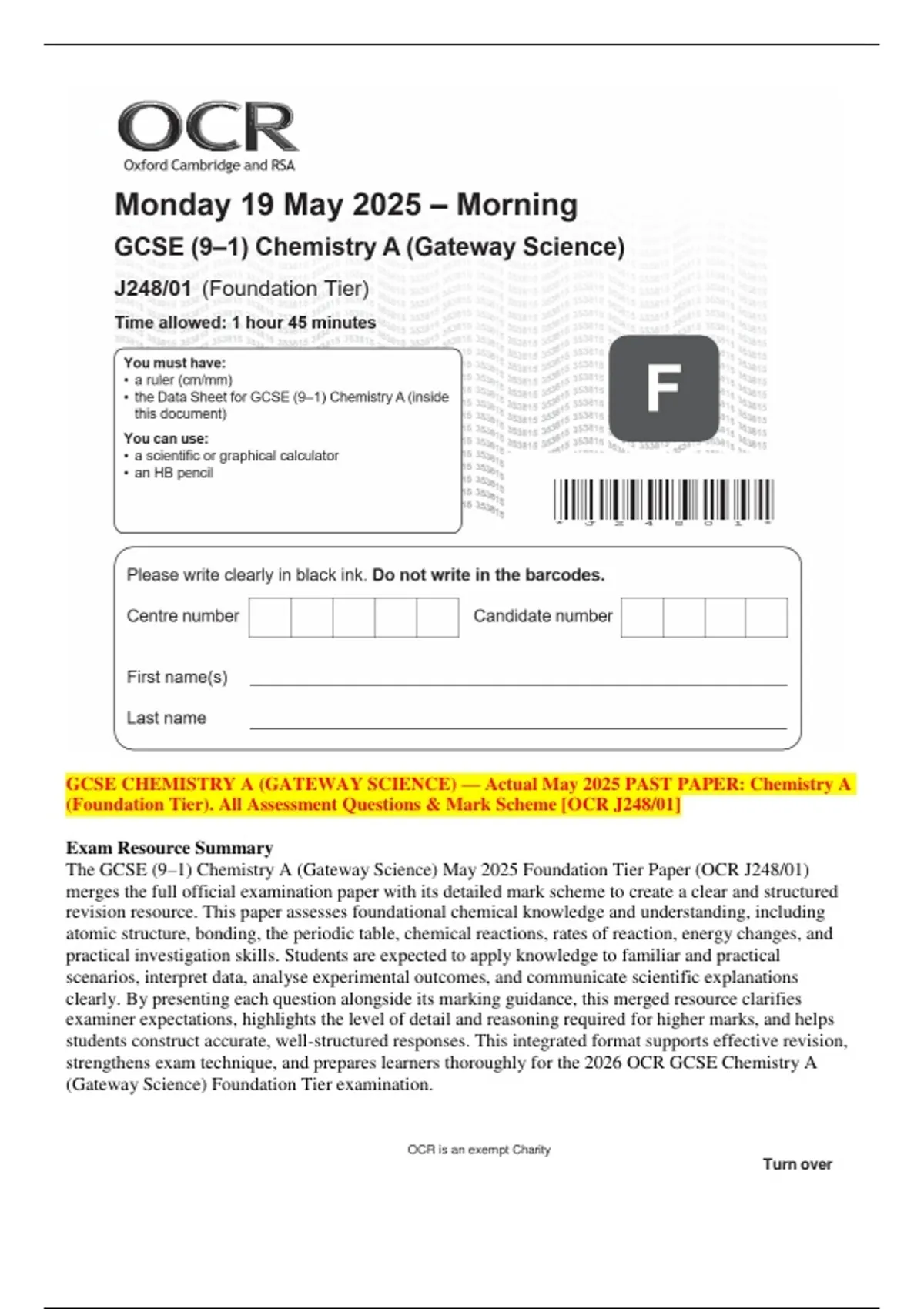 May–June 2025 OCR GCSE Chemistry A (Gateway Science J248) | Combined ...