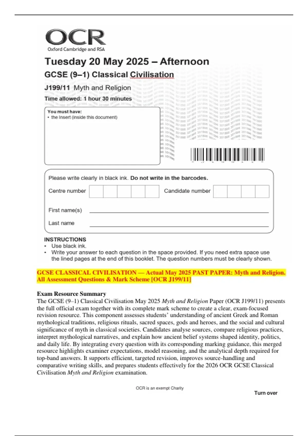 GCSE CLASSICAL CIVILISATION — Actual May 2025 PAST PAPER: Myth and ...