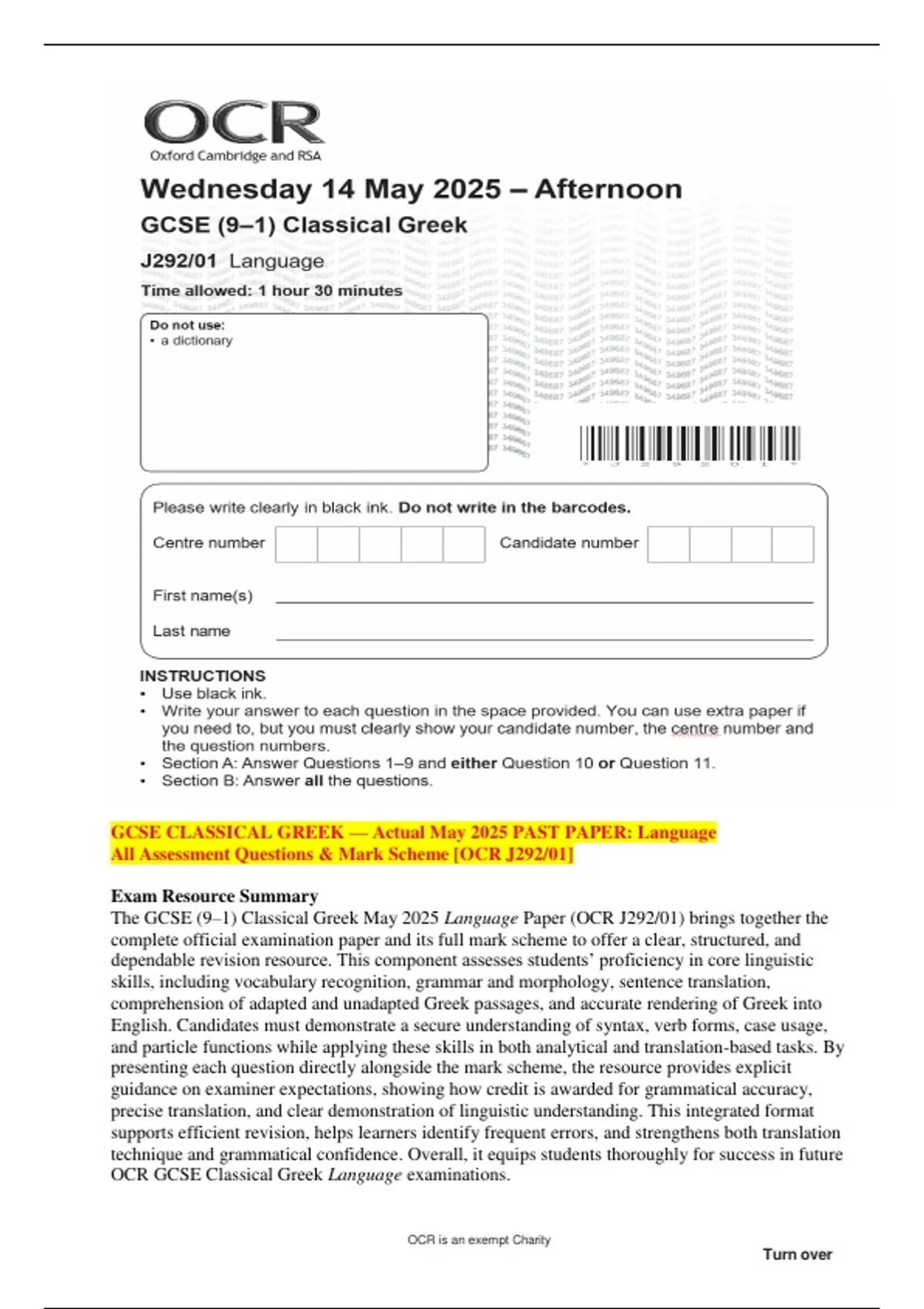 GCSE CLASSICAL GREEK — Actual May 2025 PAST PAPER: Language All ...
