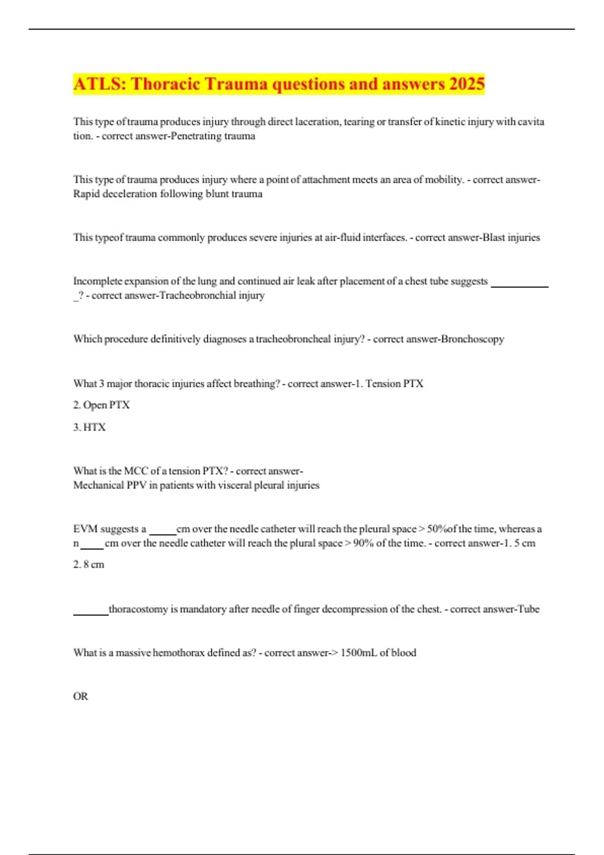 ATLS: Thoracic Trauma questions and answers 2025 - ATLS - Stuvia US