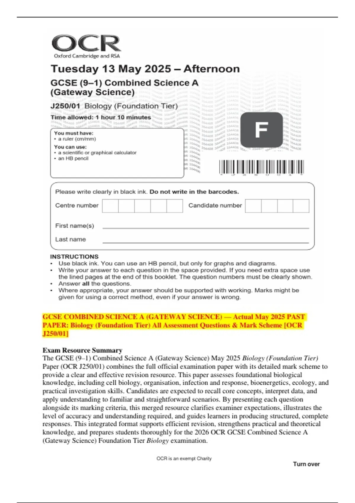 GCSE COMBINED SCIENCE A (GATEWAY SCIENCE) — Actual May 2025 PAST PAPER ...