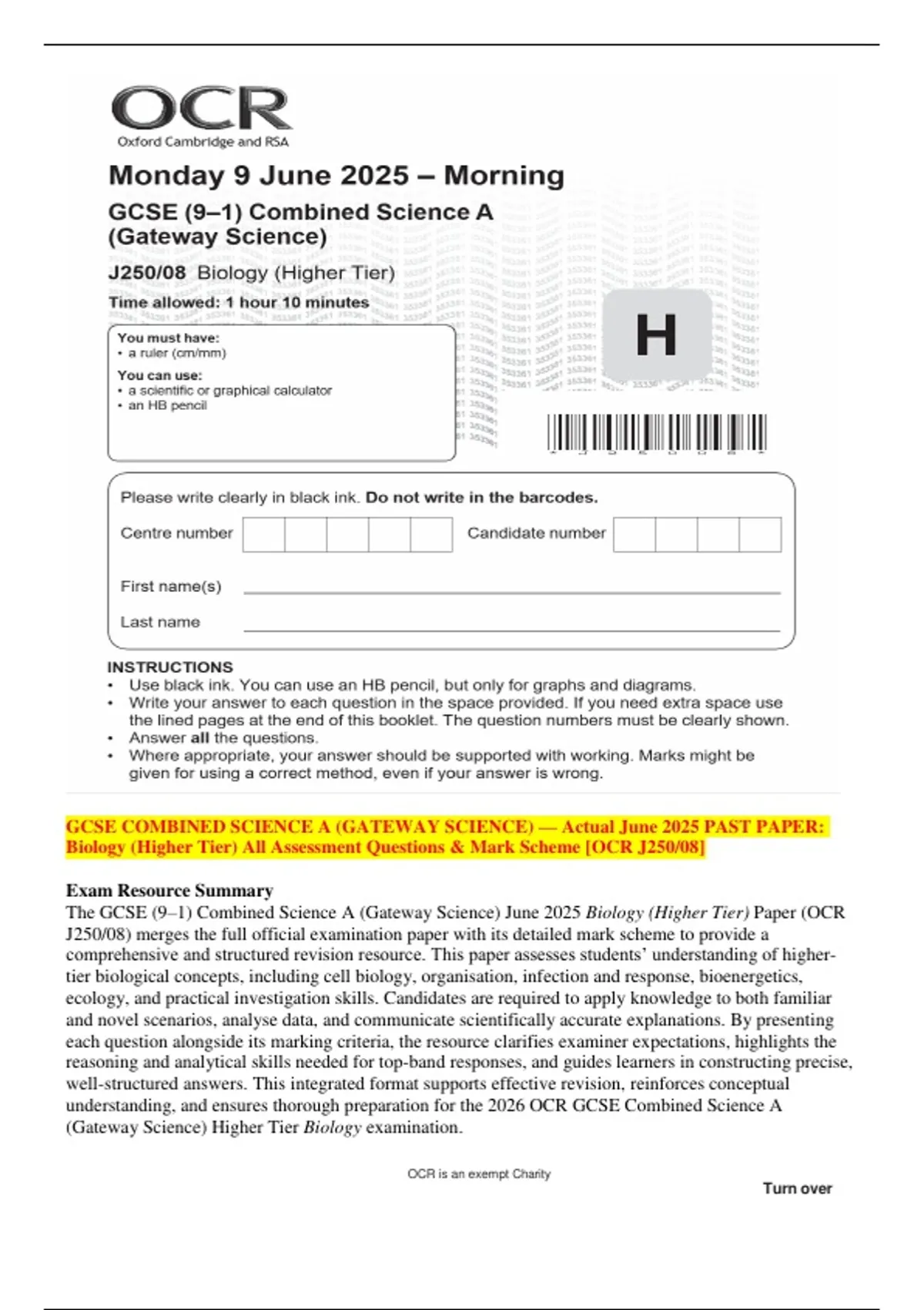 GCSE COMBINED SCIENCE A (GATEWAY SCIENCE) — Actual June 2025 PAST PAPER ...