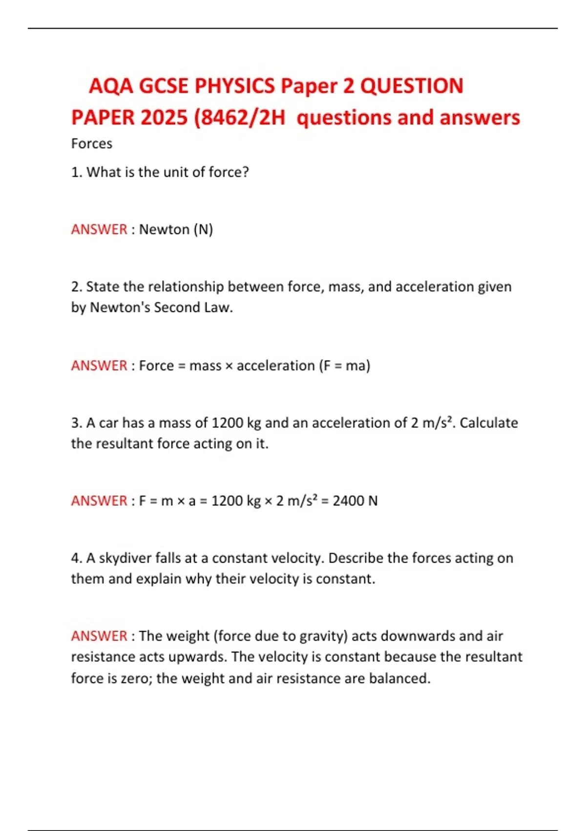 AQA GCSE PHYSICS Paper 2 QUESTION PAPER 2025 (8462/2H questions and ...