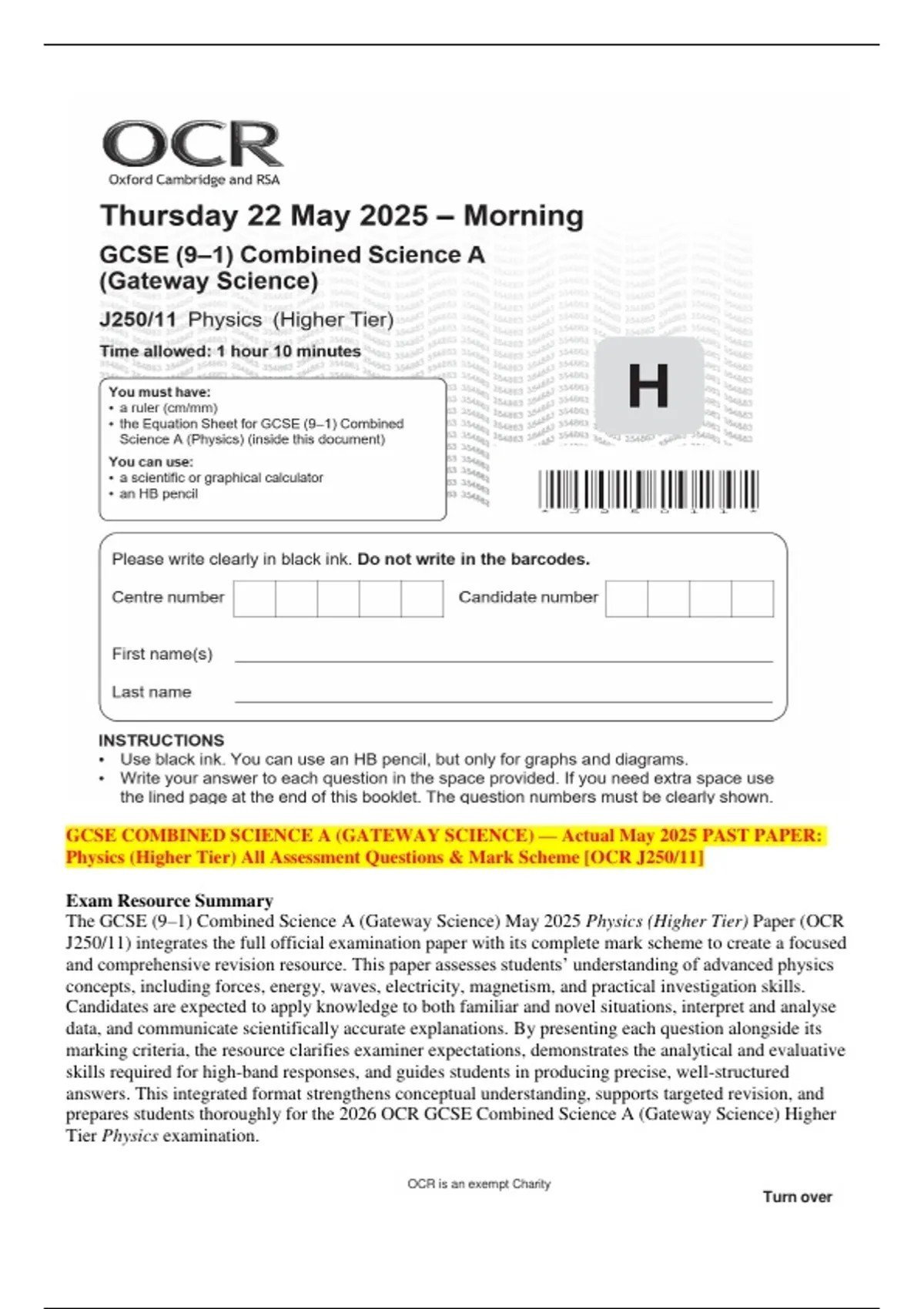 GCSE COMBINED SCIENCE A (GATEWAY SCIENCE) — Actual May 2025 PAST PAPER ...