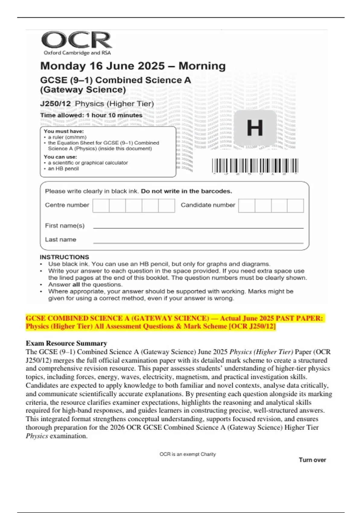 GCSE COMBINED SCIENCE A (GATEWAY SCIENCE) — Actual June 2025 PAST PAPER ...