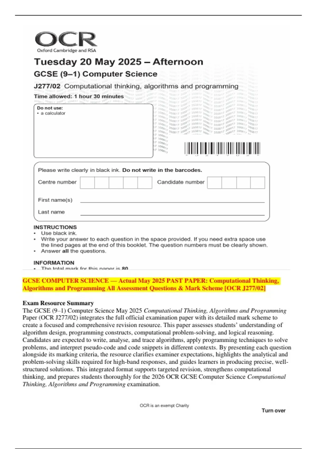 GCSE COMPUTER SCIENCE — Actual May 2025 PAST PAPER: Computational ...