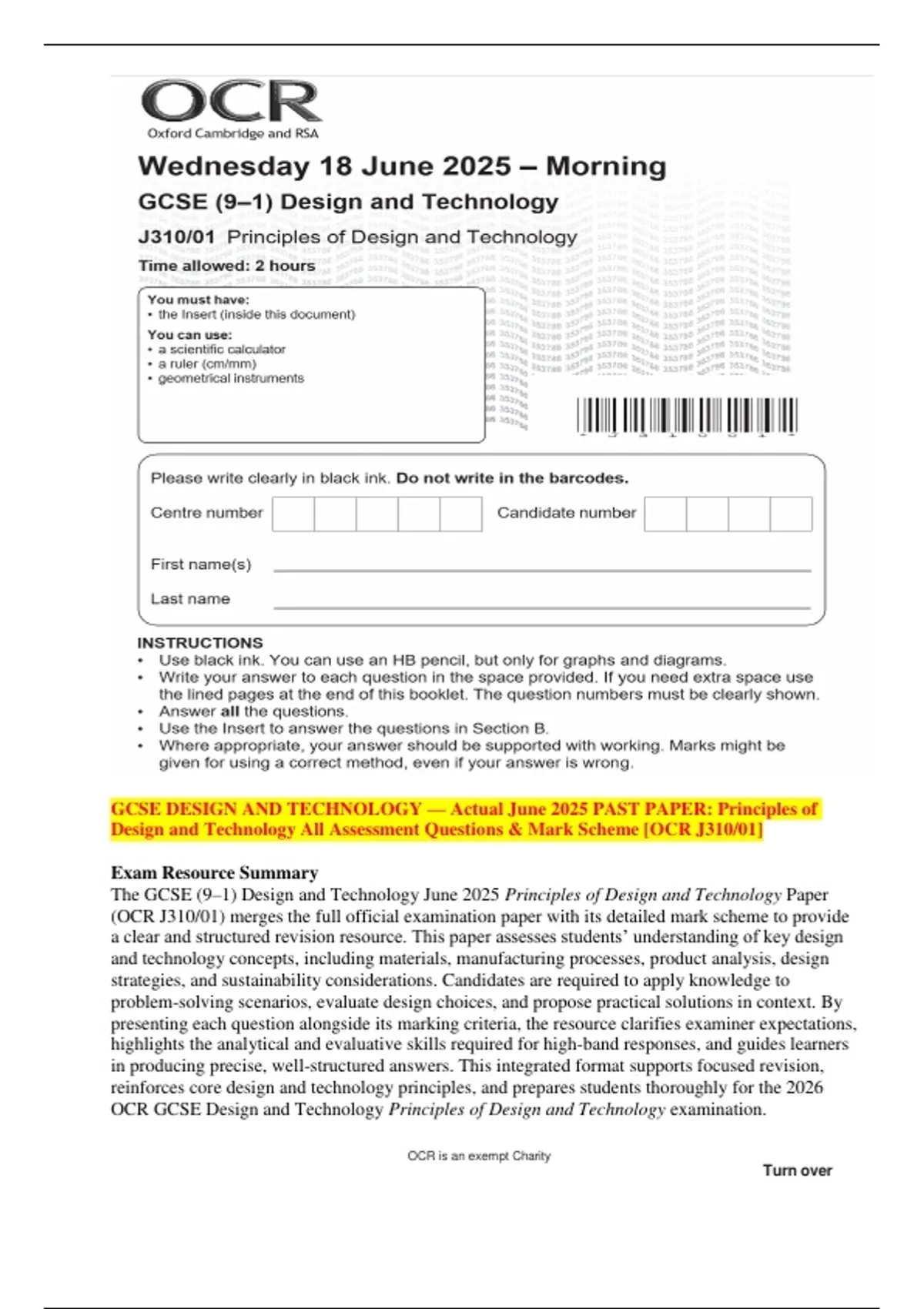 GCSE DESIGN AND TECHNOLOGY — Actual June 2025 PAST PAPER: Principles of ...