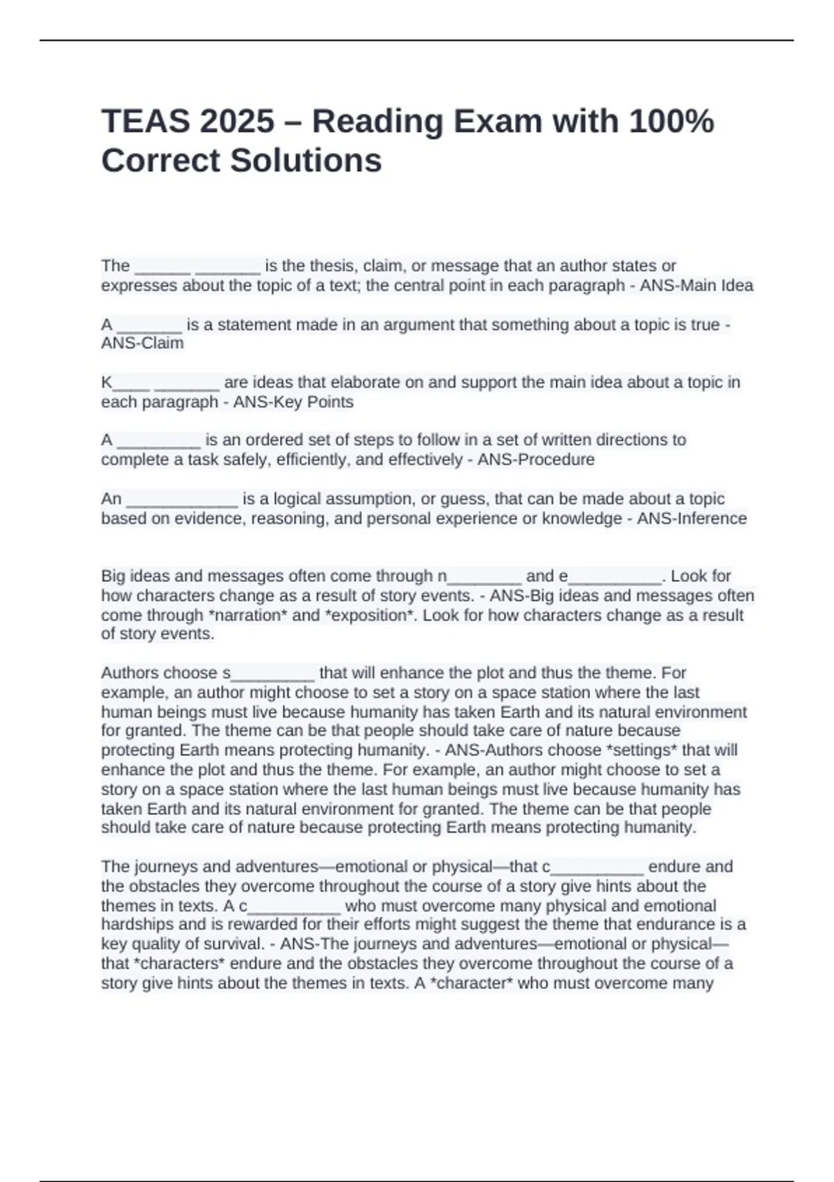 TEAS 2025 – Reading Exam with 100% Correct Solutions - ATI TEAS 7 ...