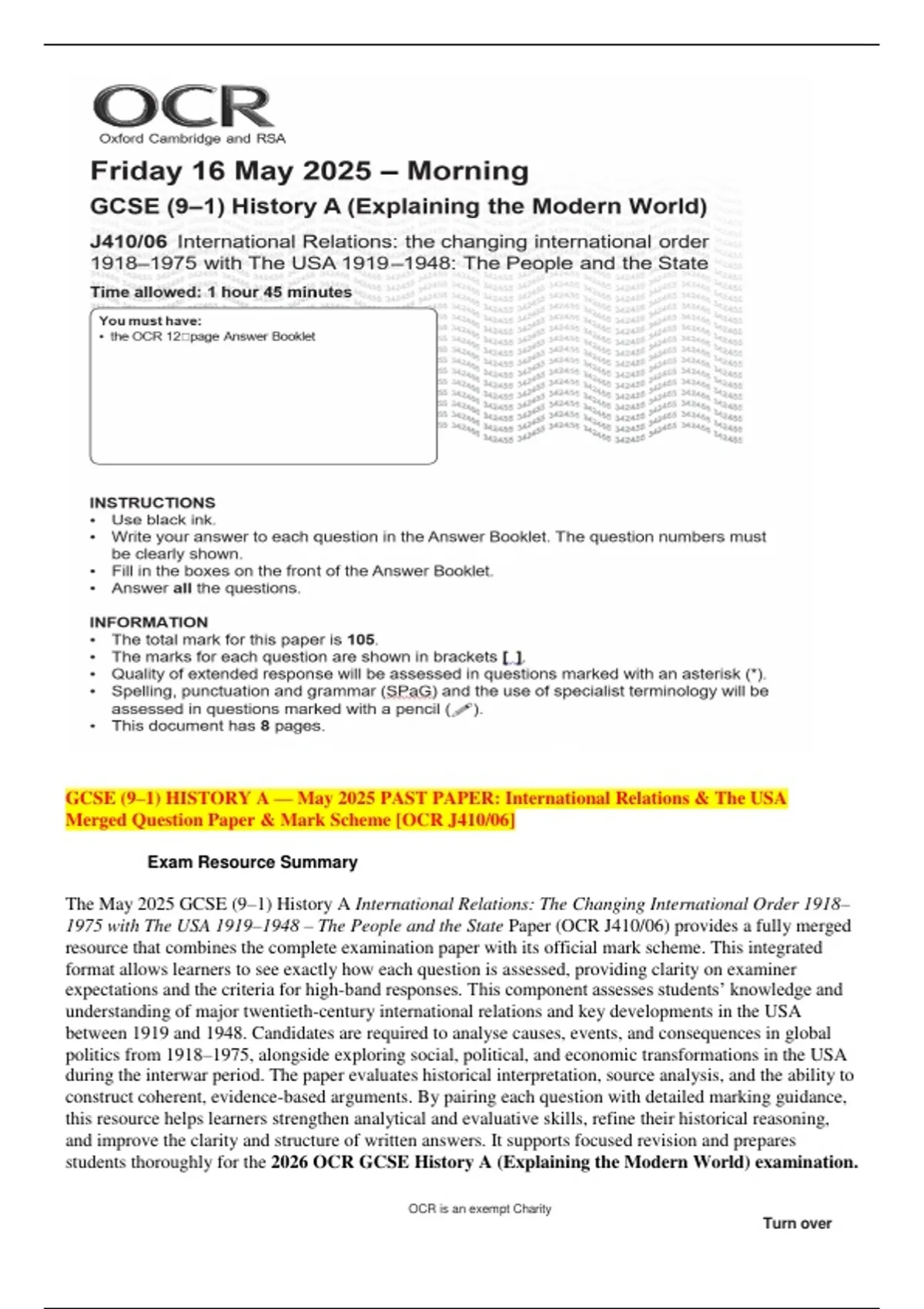 GCSE (9–1) HISTORY A — May 2025 PAST PAPER: International Relations & The USA Merged Question ...