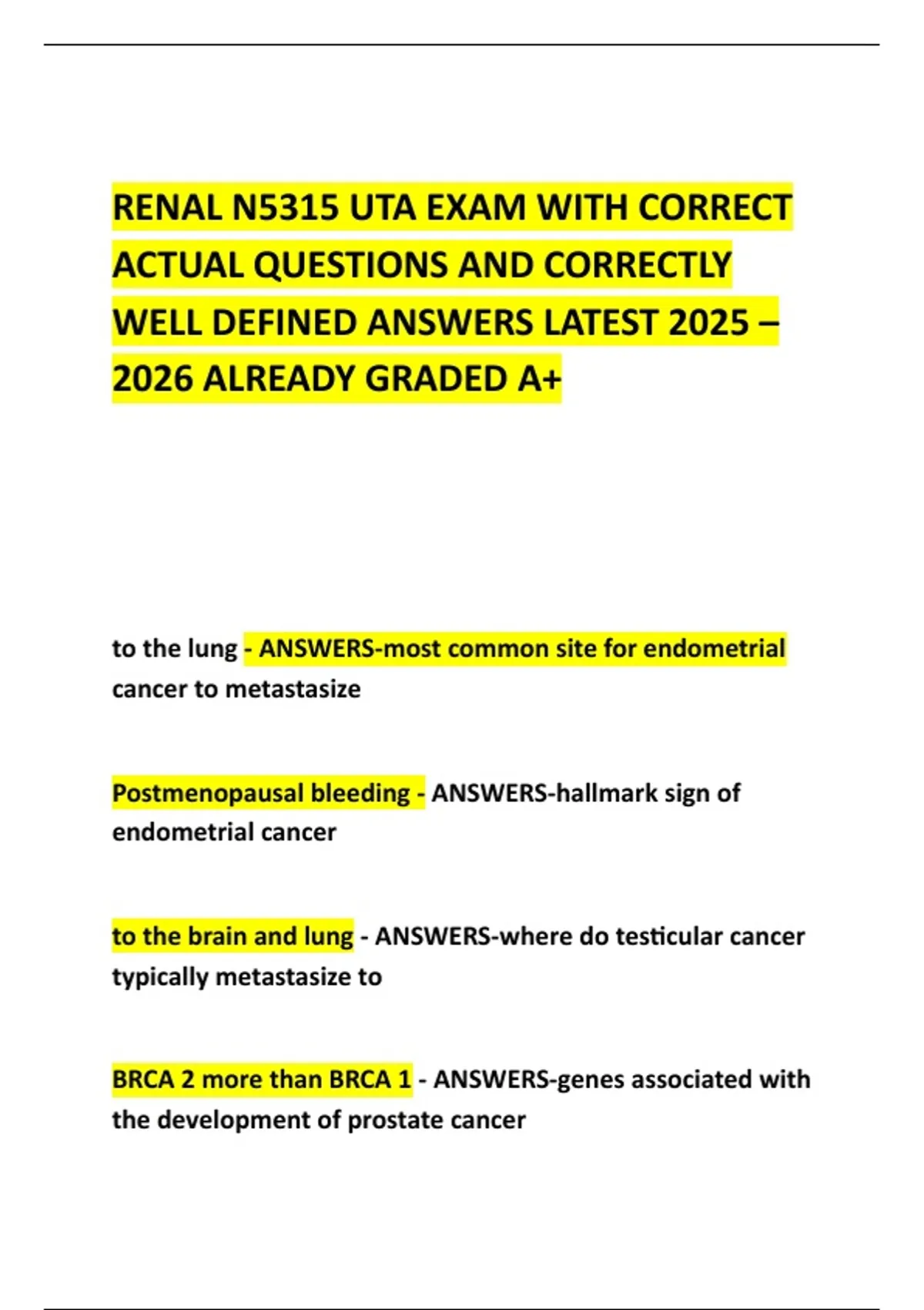RENAL N5315 UTA EXAM WITH CORRECT ACTUAL QUESTIONS AND CORRECTLY WELL ...