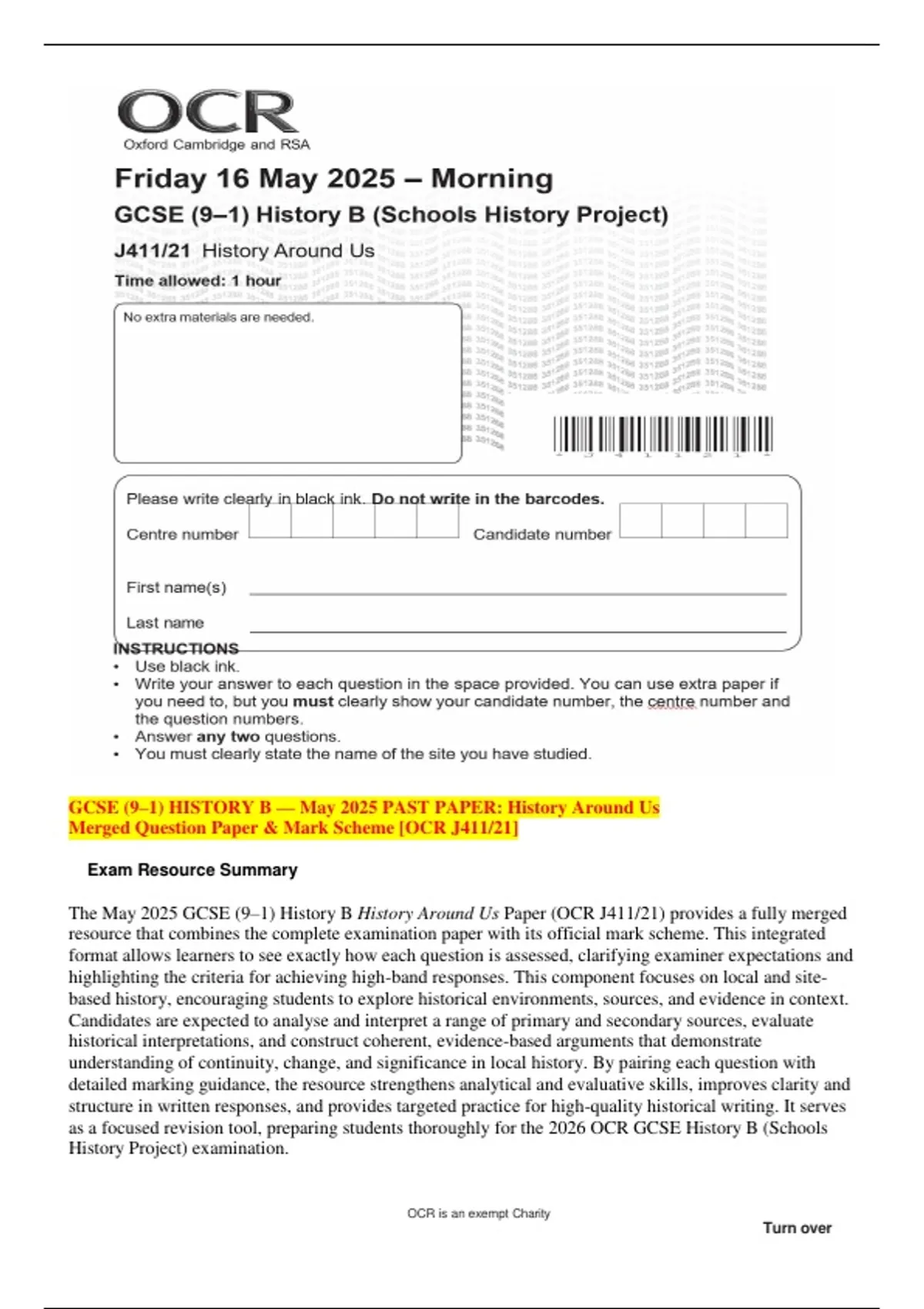 GCSE (9–1) HISTORY B — May 2025 PAST PAPER: History Around Us Merged ...