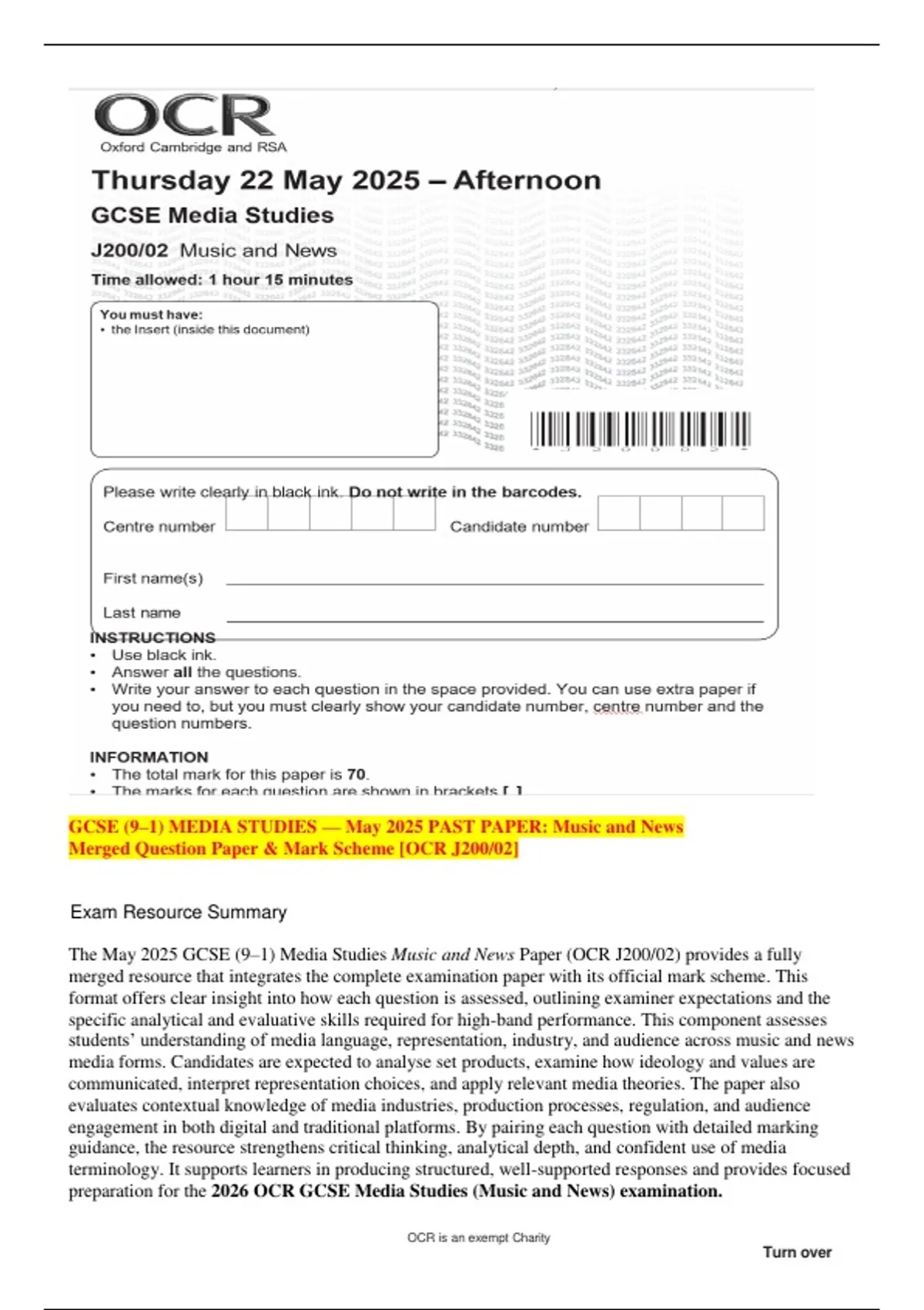 GCSE (9–1) MEDIA STUDIES — May 2025 PAST PAPER: Music and News Merged ...