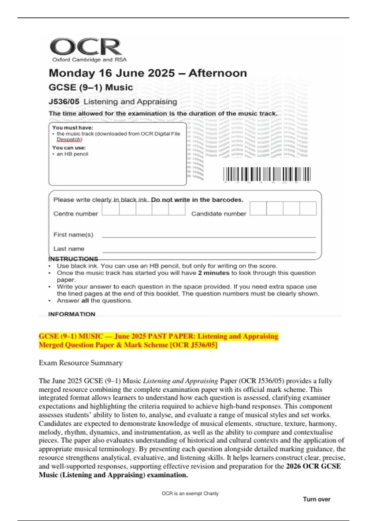 GCSE (9–1) MUSIC — June 2025 PAST PAPER: Listening and Appraising ...