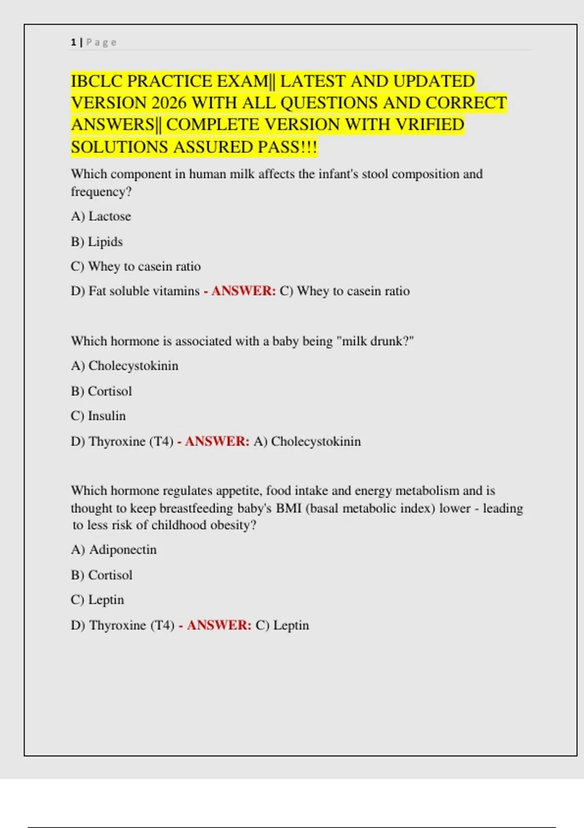 IBCLC Practice Exam | Updated 2026 | Complete Questions, Correct ...