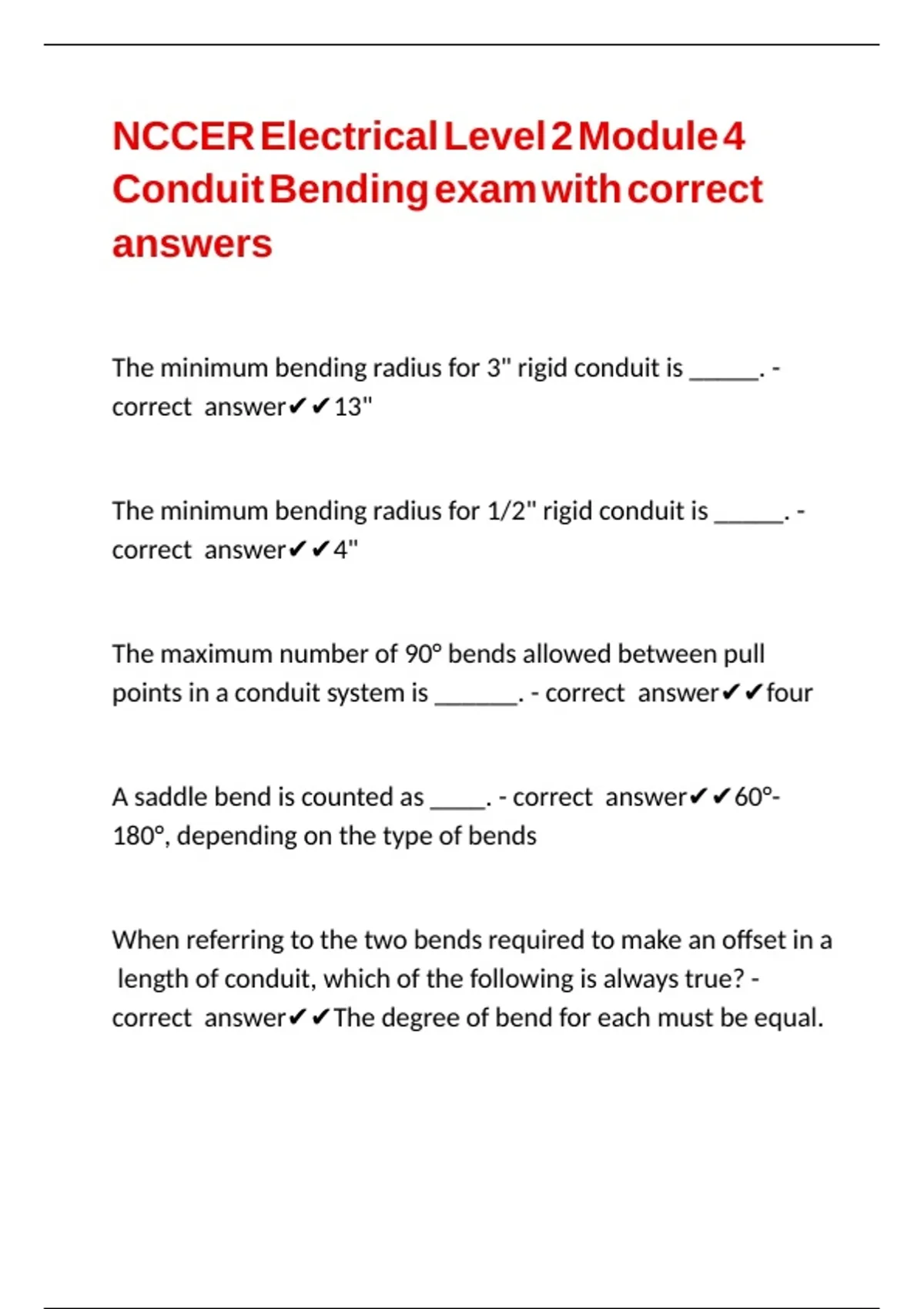 NCCER Electrical Level 2 Module 4 Conduit Bending exam with correct ...