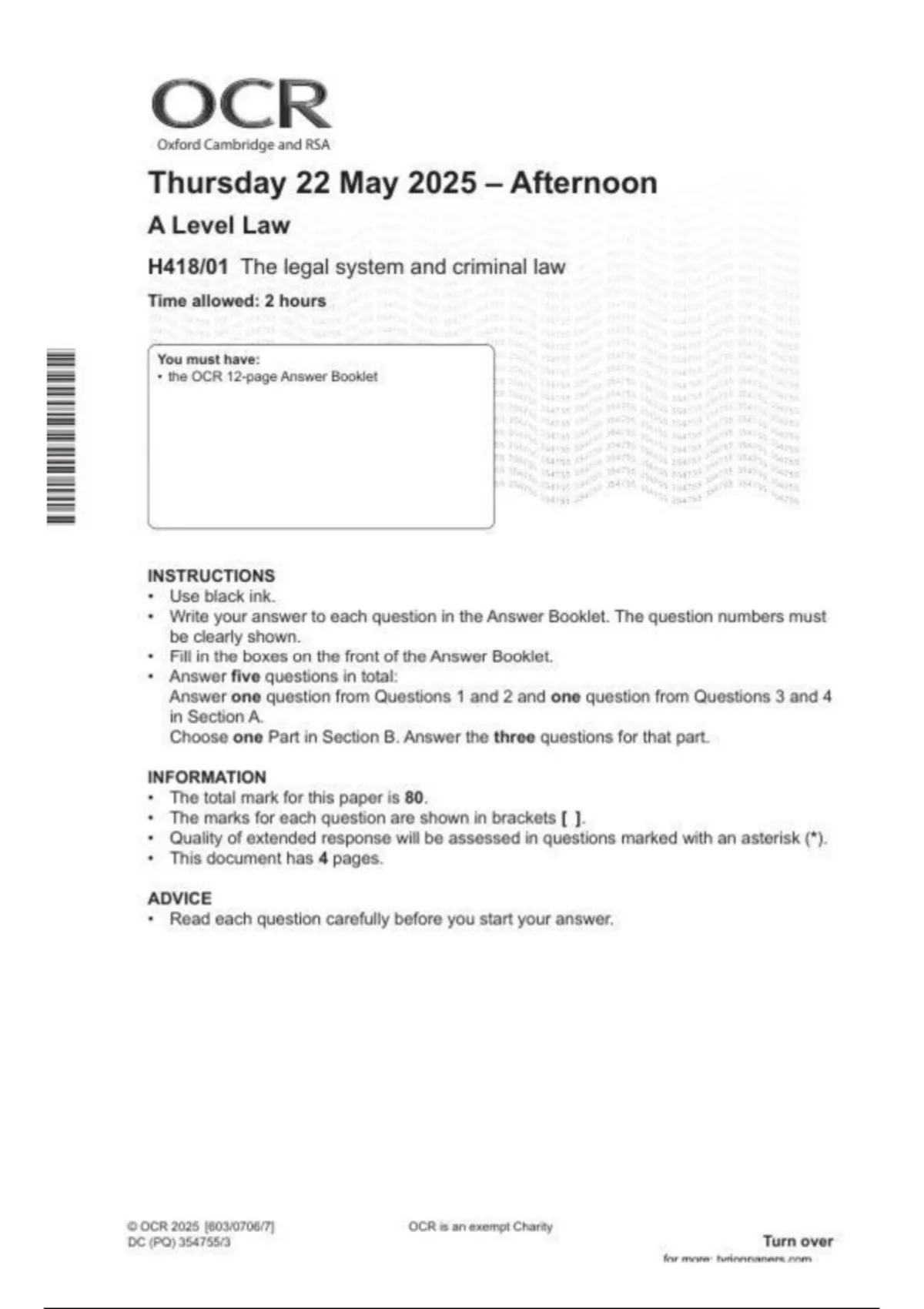 OCR A Level LAW paper 1| H418_01| June 2025 Question paper - OCR A ...