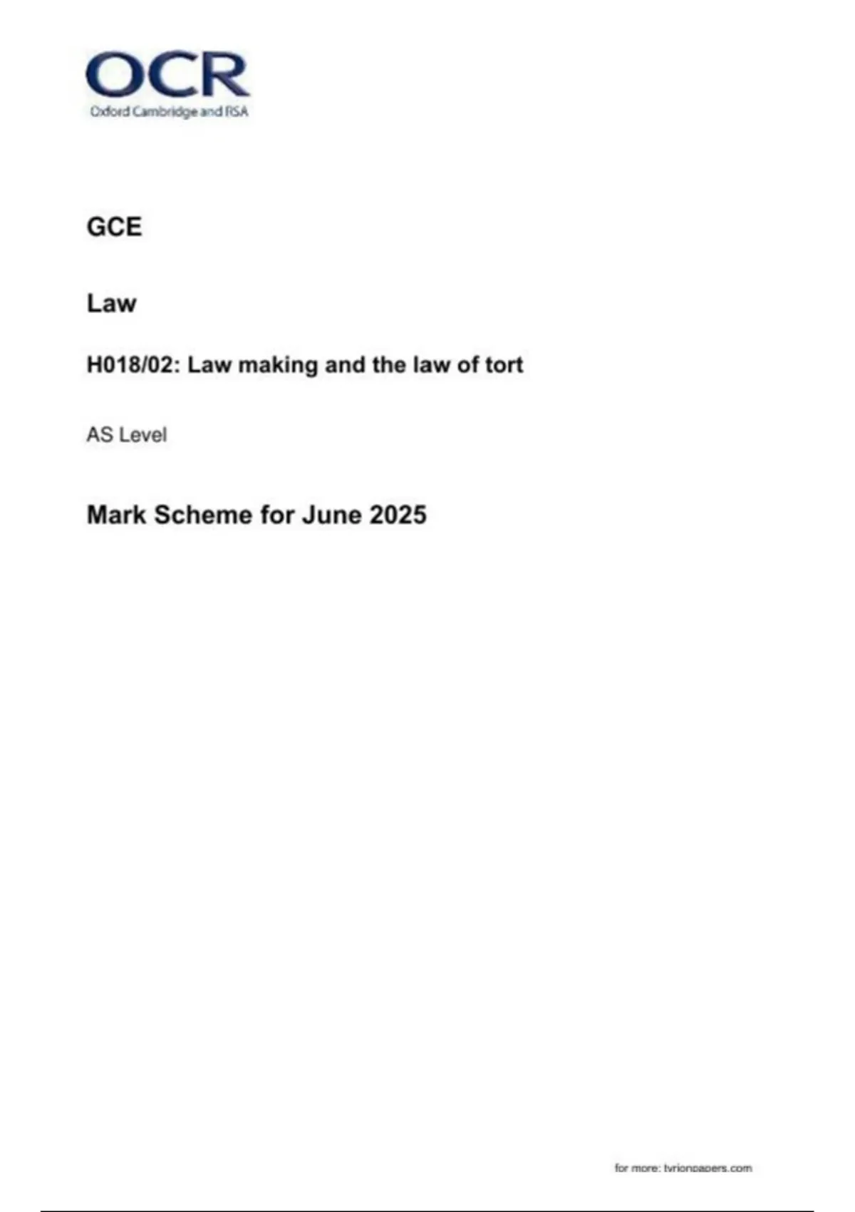 OCR AS Level LAW paper 2| H018_02| June 2025 Final mark scheme - OCR AS ...
