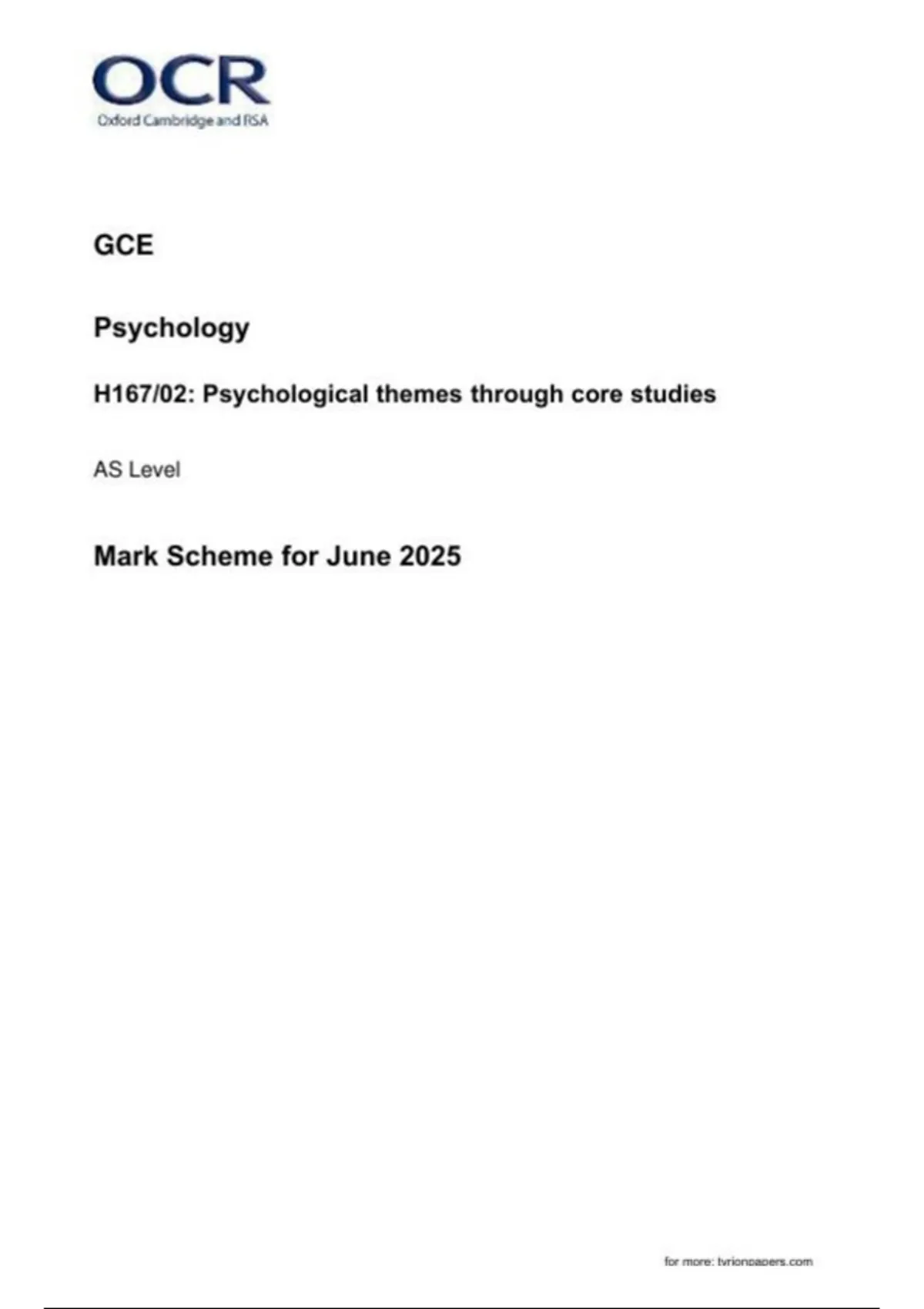 OCR AS Level PSYCHOLOGY paper 2| H167_02| June 2025 Final mark scheme ...