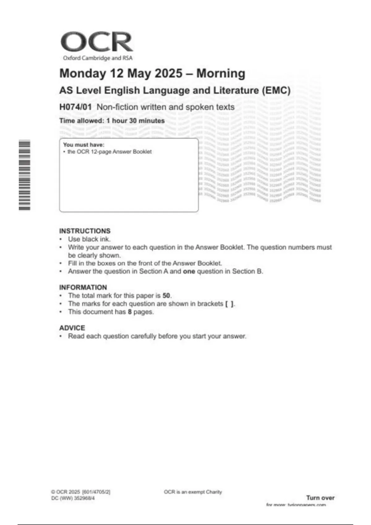 OCR AS Level English Language and Literature paper 1| H074_01| June ...