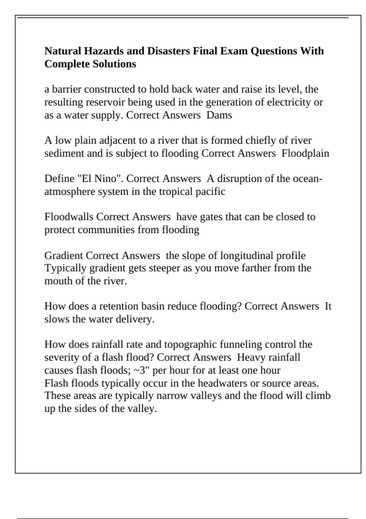 Natural Hazards and Disasters Final Exam Questions With Complete ...