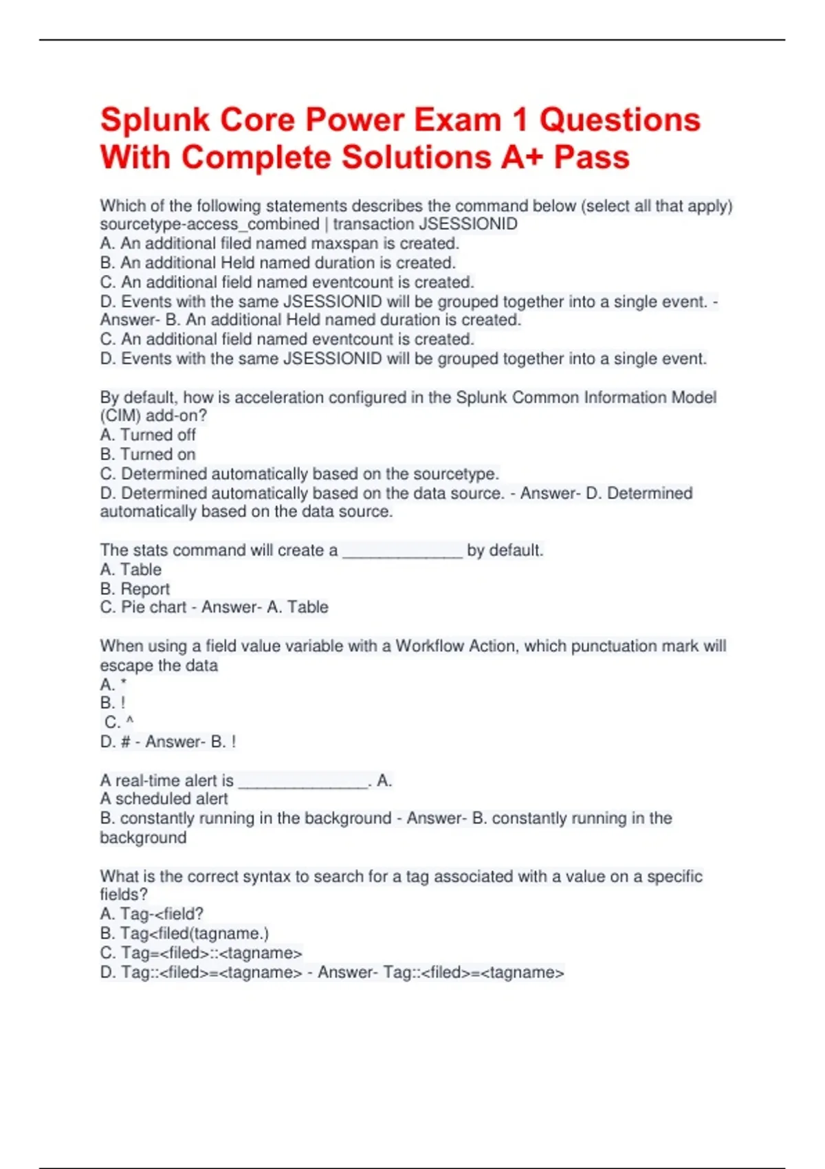 Splunk Core Power Exam 1 Questions With Complete Solutions A+ Pass ...