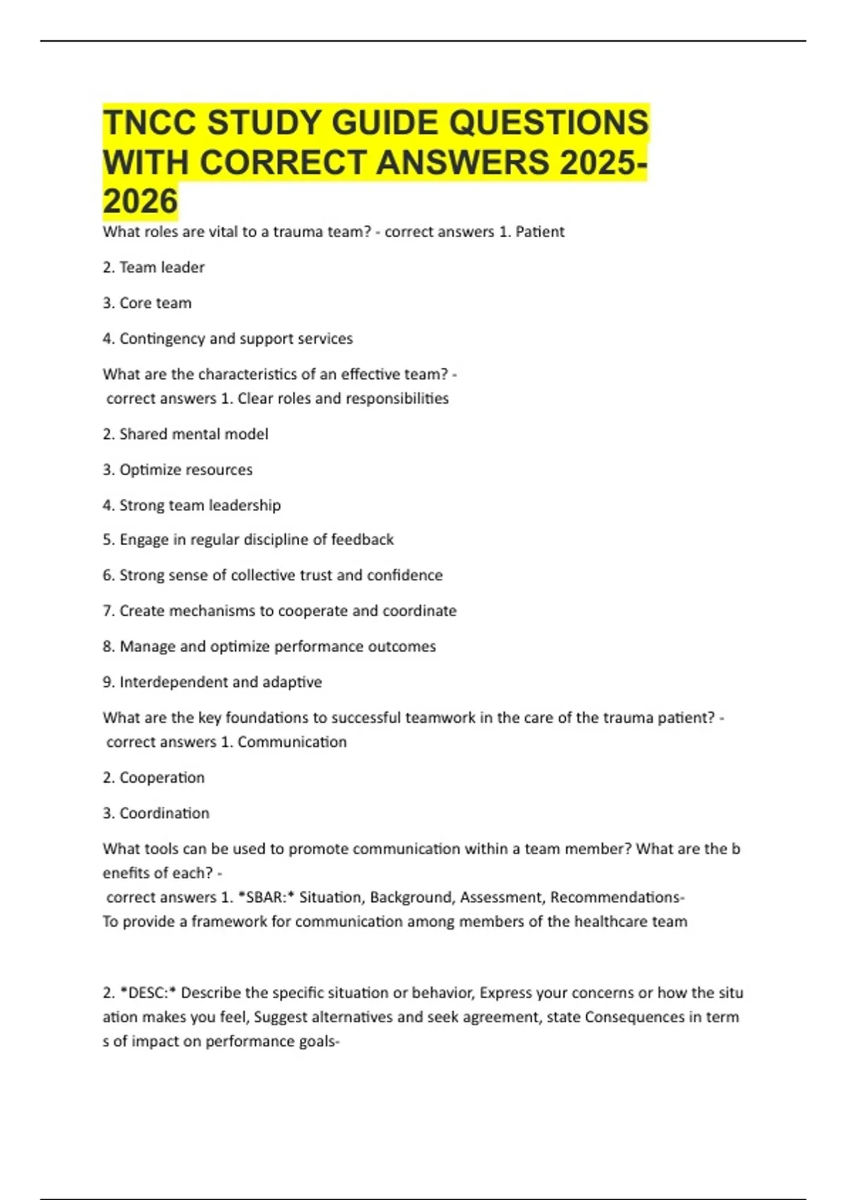 TNCC STUDY GUIDE QUESTIONS WITH CORRECT ANSWERS . - TNCC-Trauma Nursing ...