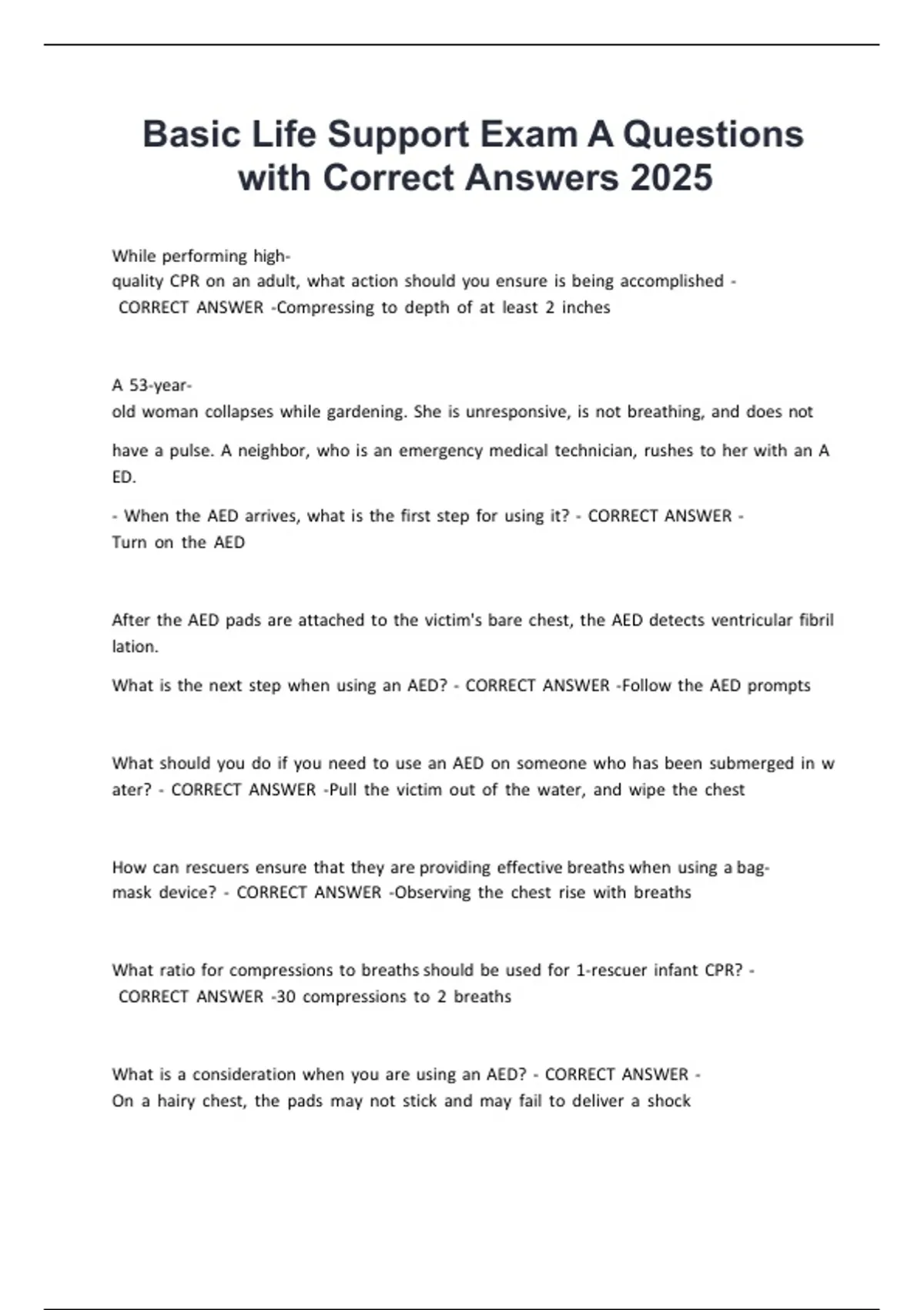 Basic Life Support Exam A Questions with Correct Answers 2025 - Basic ...