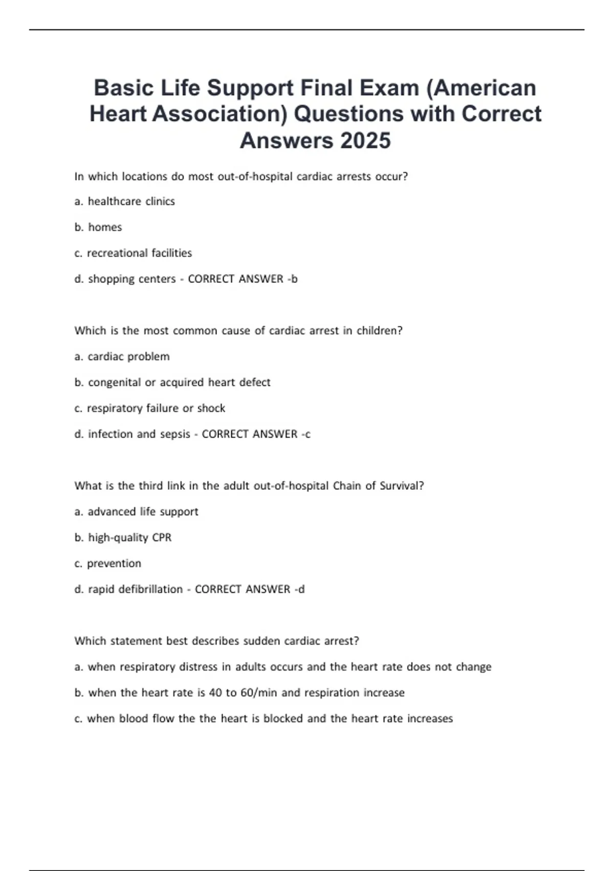 Basic Life Support Final Exam (American Heart Association) Questions ...