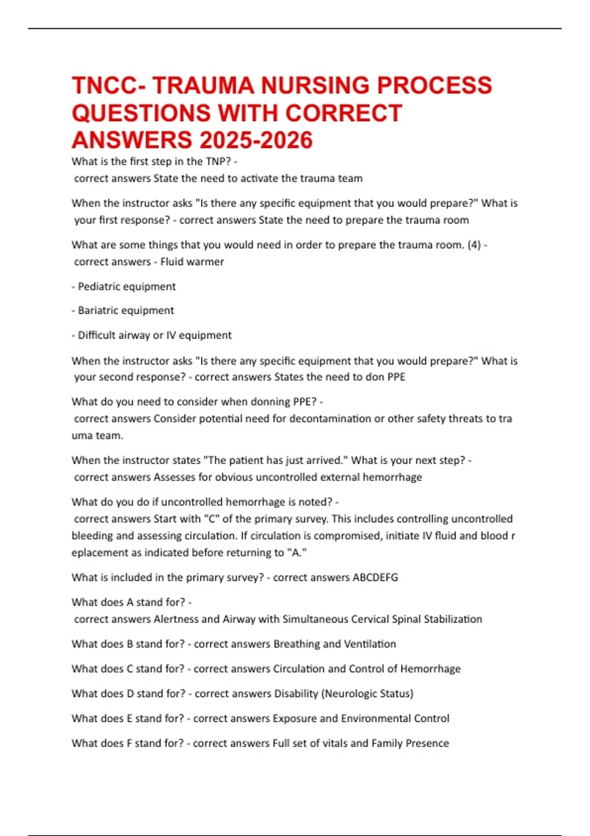 TNCC- TRAUMA NURSING PROCESS QUESTIONS WITH CORRECT ANSWERS . - TNCC ...