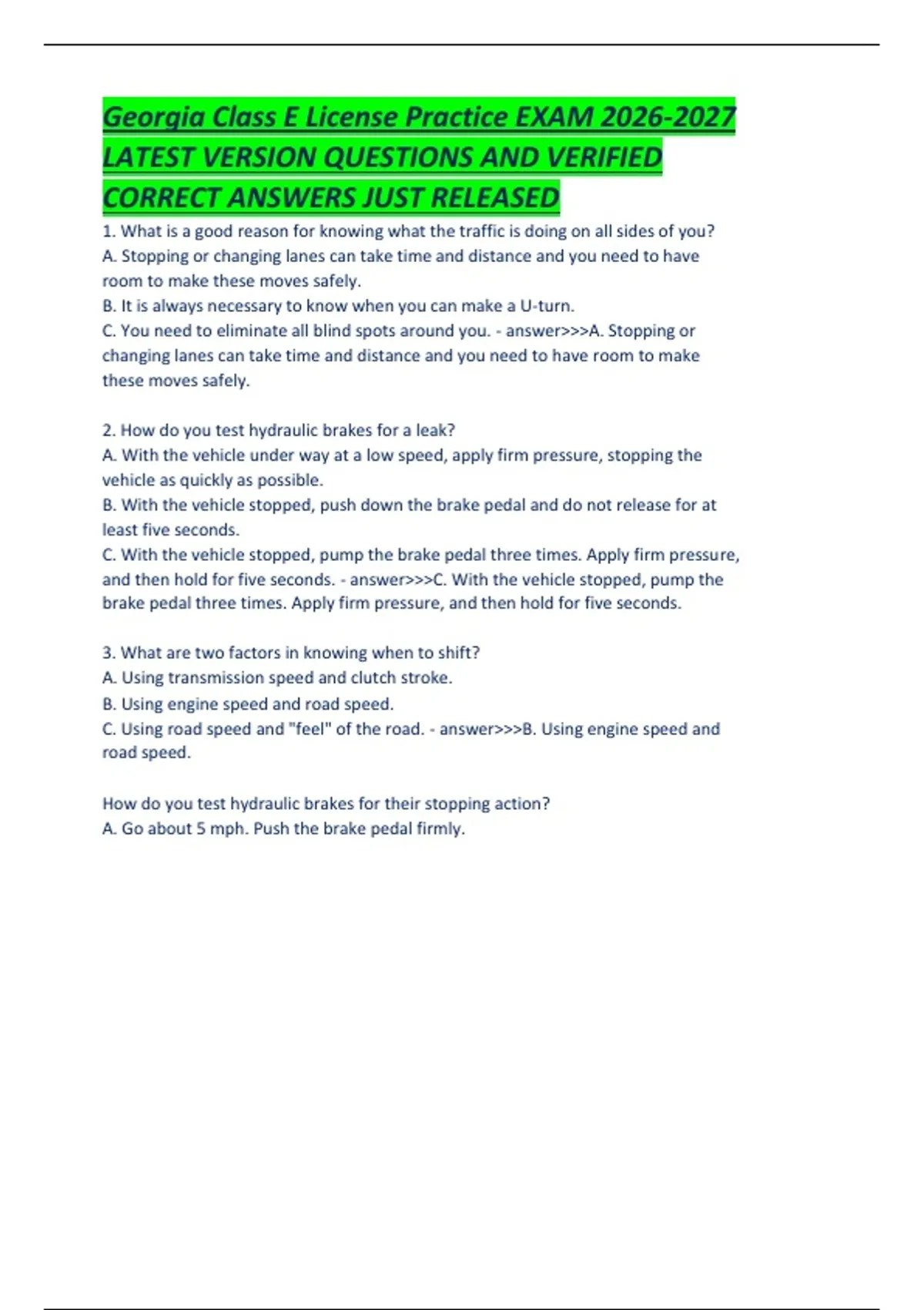 Georgia Class E License Practice EXAM LATEST VERSION QUESTIONS AND ...