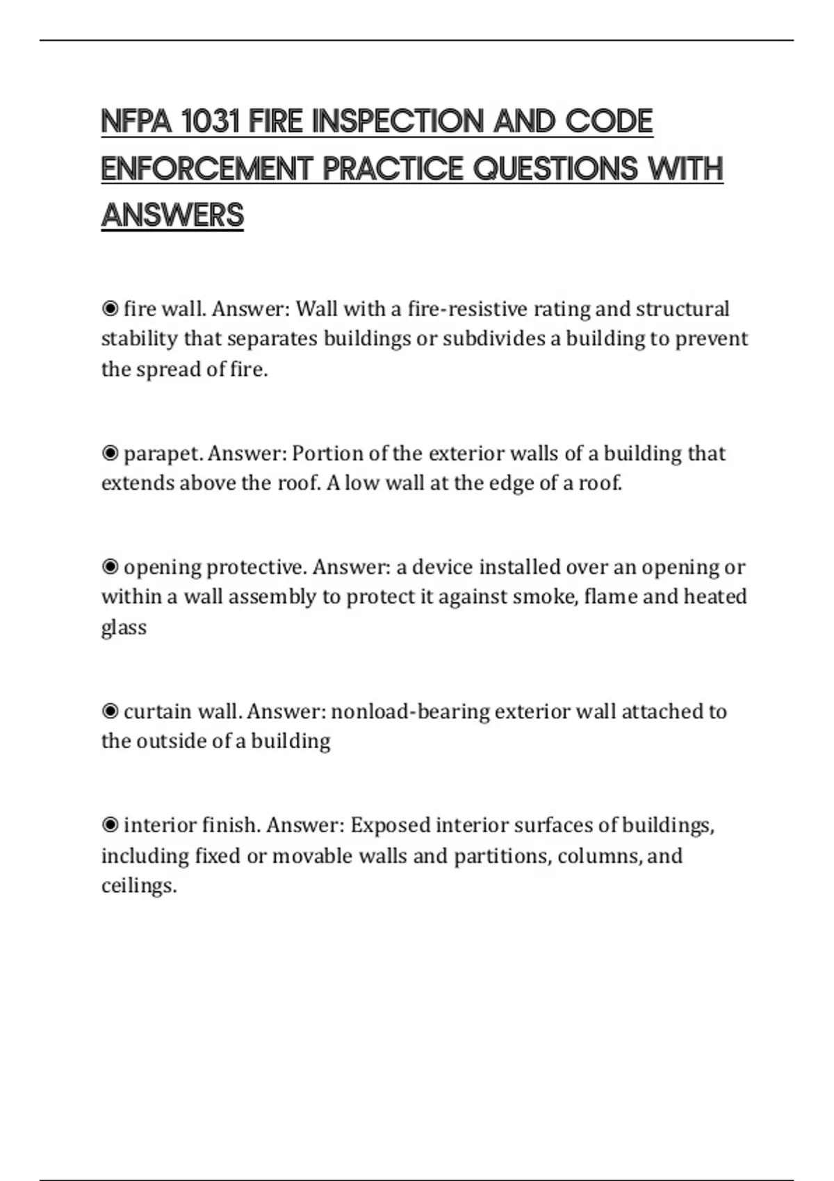 NFPA 1031 FIRE INSPECTION AND CODE ENFORCEMENT PRACTICE QUESTIONS WITH ...
