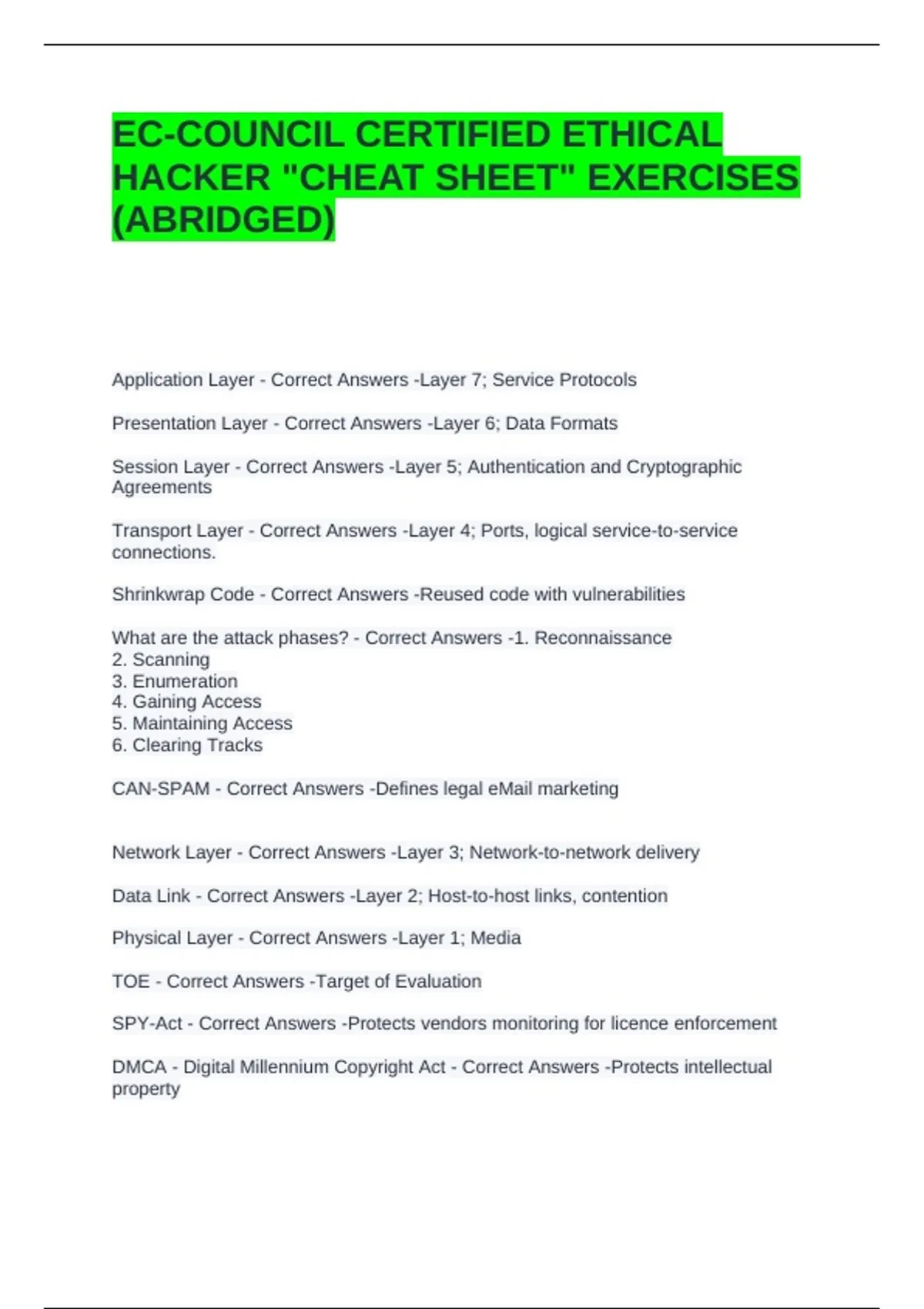 EC-COUNCIL CERTIFIED ETHICAL HACKER CHEAT SHEET EXERCISES (ABRIDGED ...