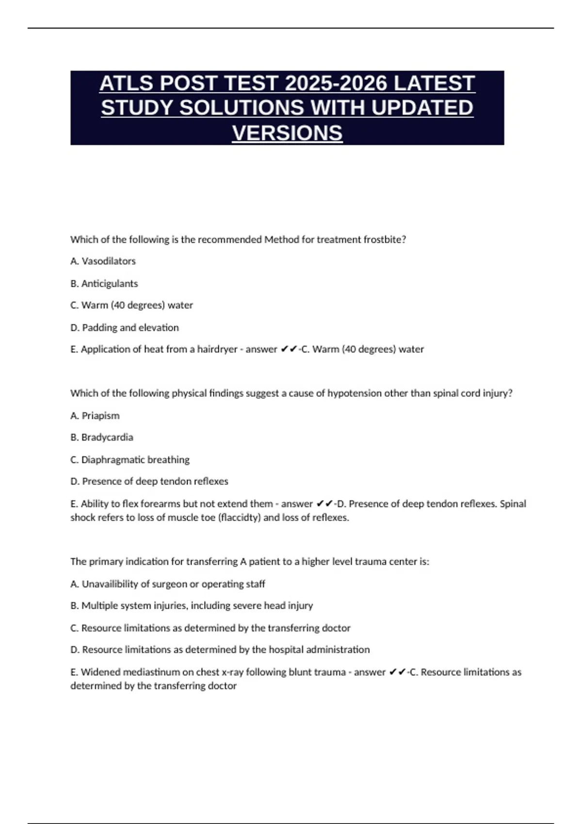 ATLS POST TEST LATEST STUDY SOLUTIONS WITH UPDATED VERSIONS. - Atls ...
