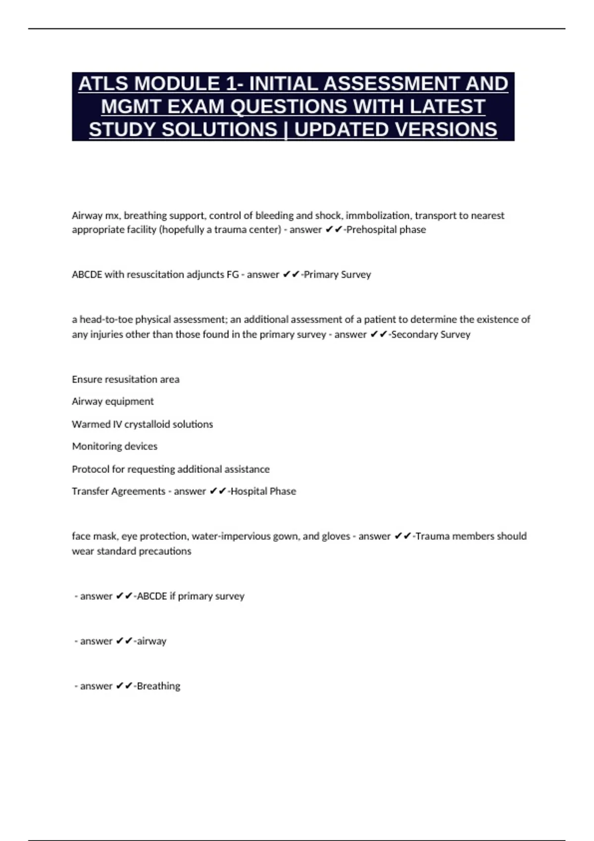ATLS MODULE 1- INITIAL ASSESSMENT AND MGMT EXAM QUESTIONS WITH LATEST ...