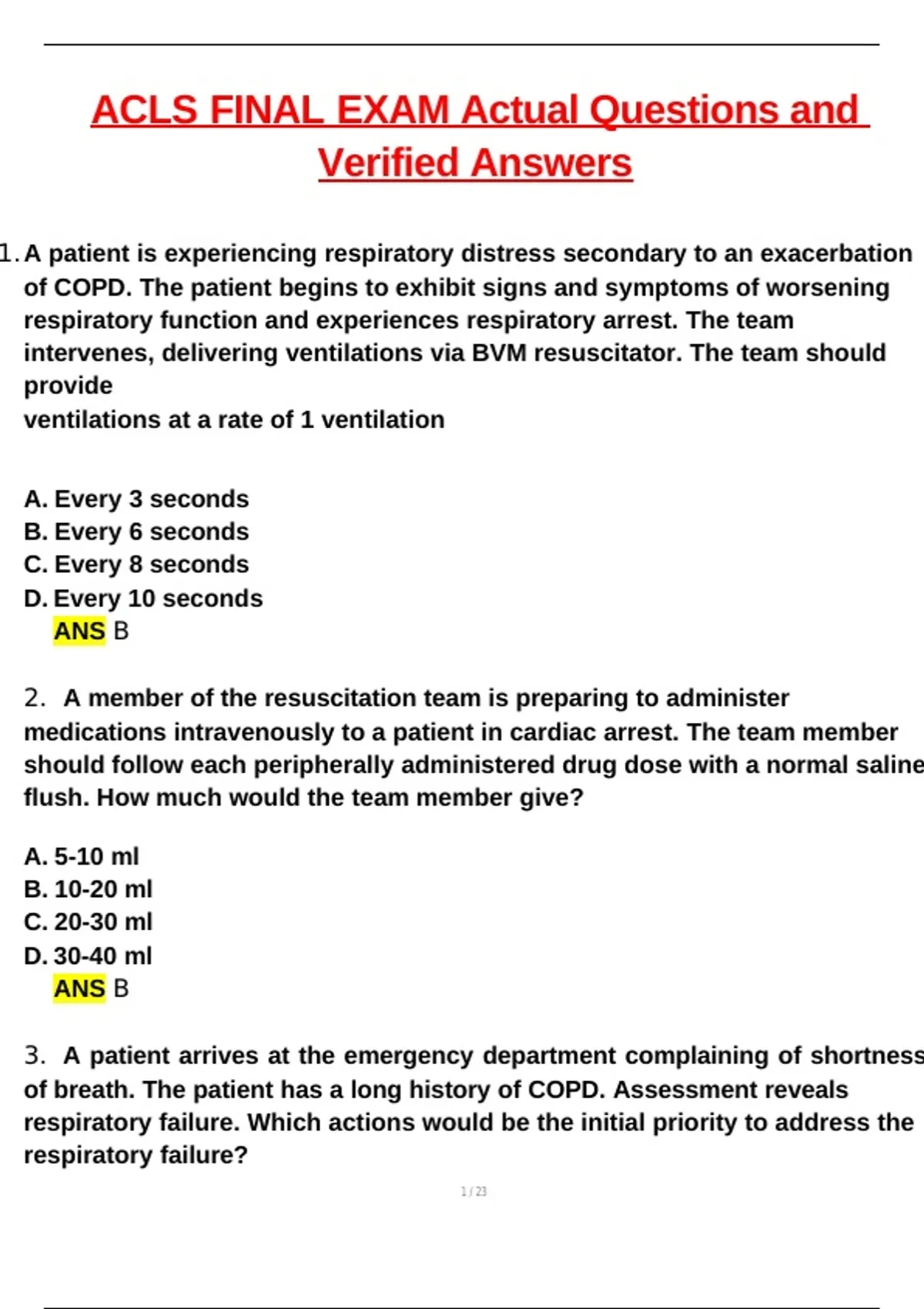 ACLS Final Exam Questions and Answers (Latest 2025 / 2026): Most ...