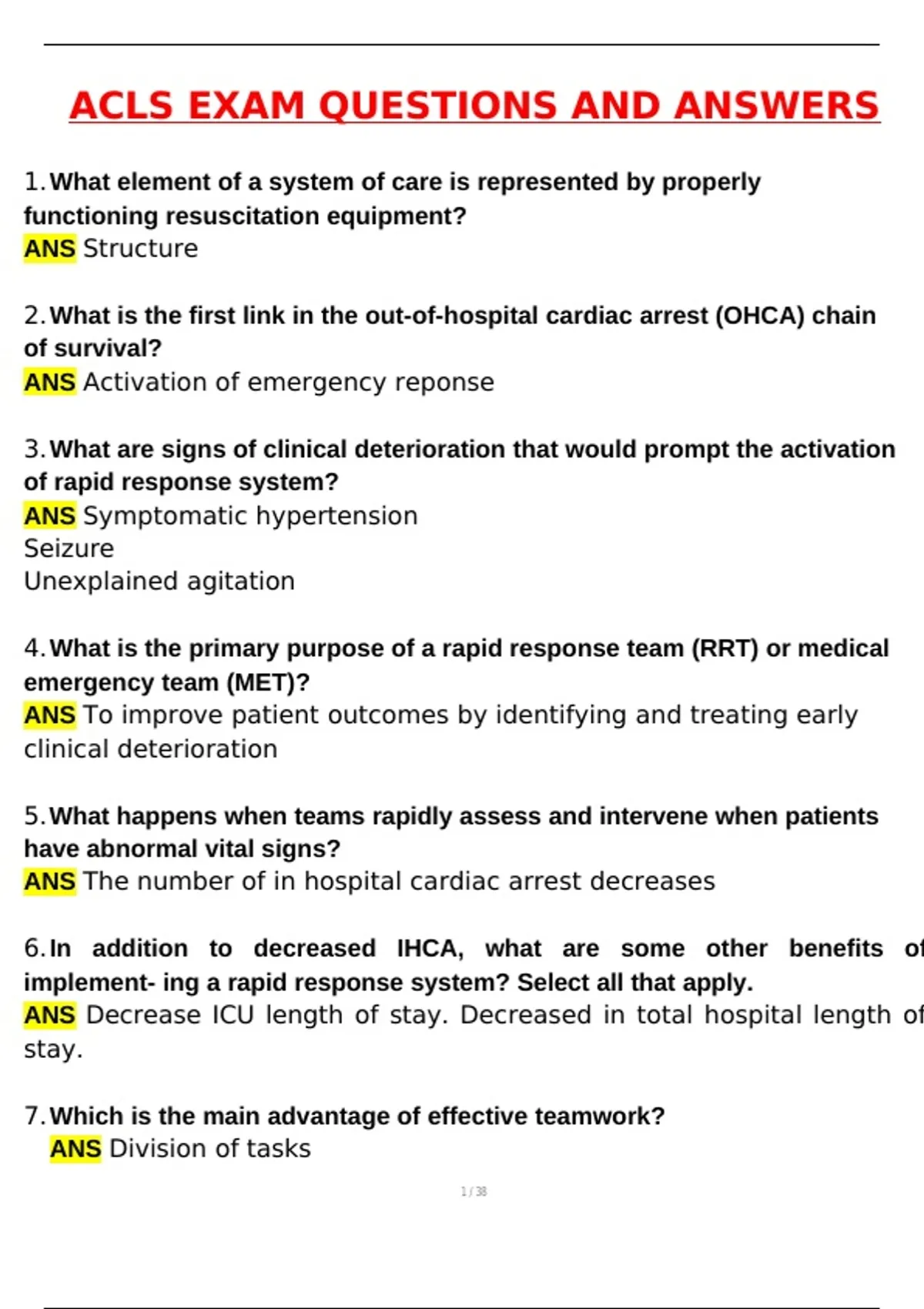 ACLS EXAM Questions and Answers (Latest 2025 / 2026): Most ...