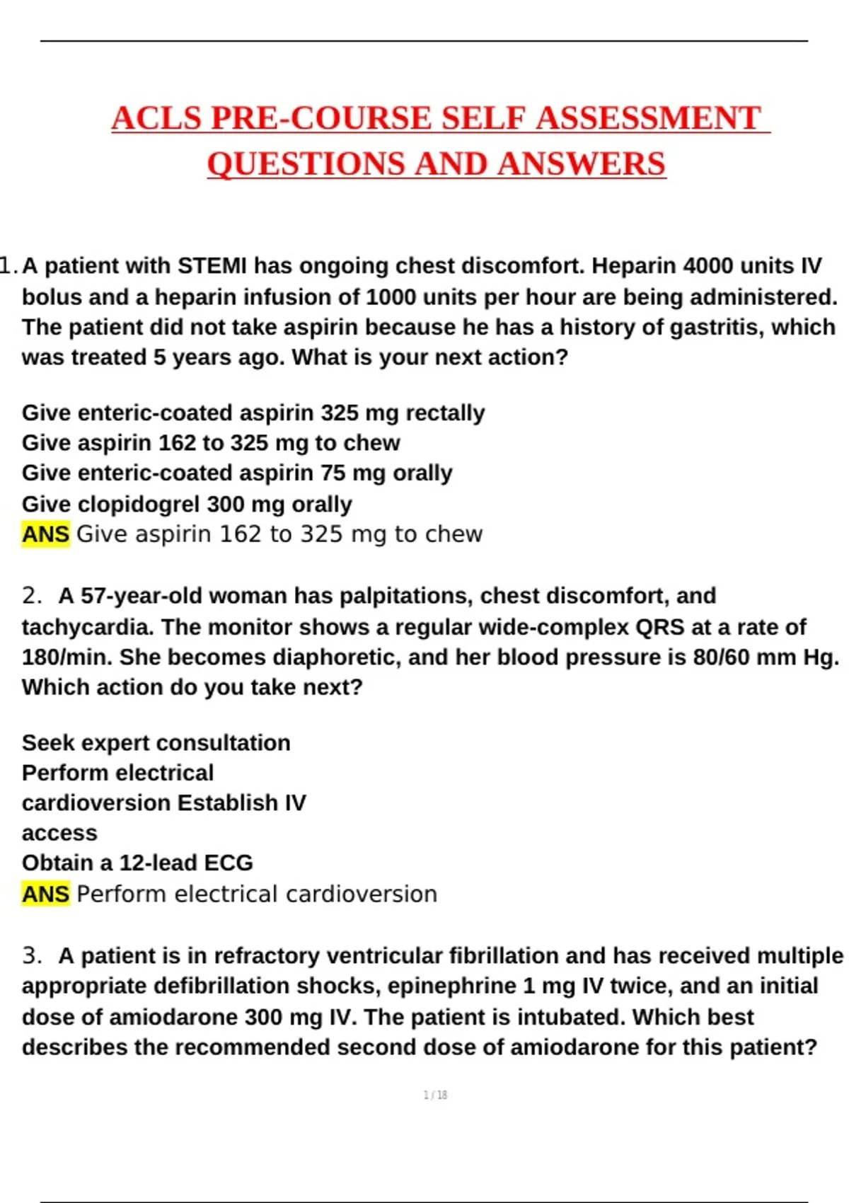 ACLS Pre-Course Self-Assessment Actual Exam 2025 Newest Updated ...