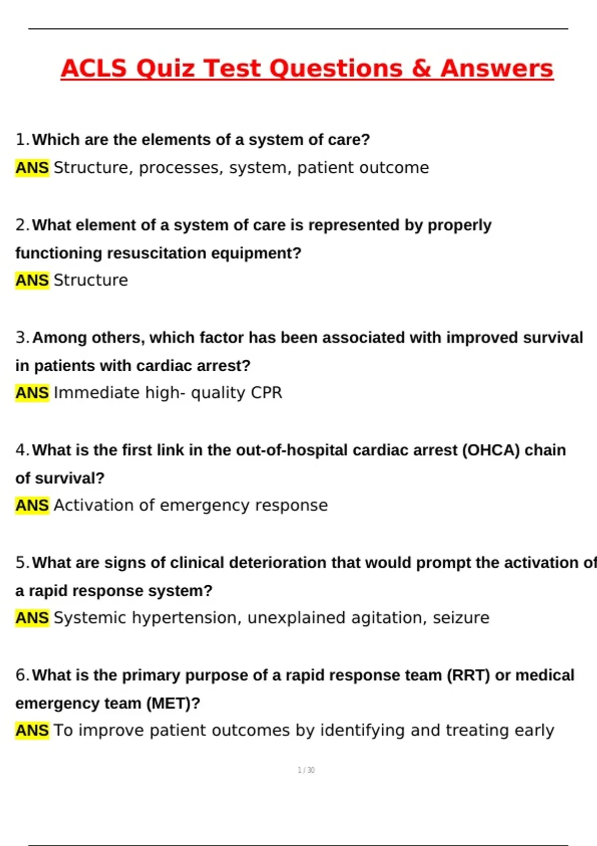 ACLS Quiz Actual Exam 2025 Newest Updated Questions and Correct Answers ...