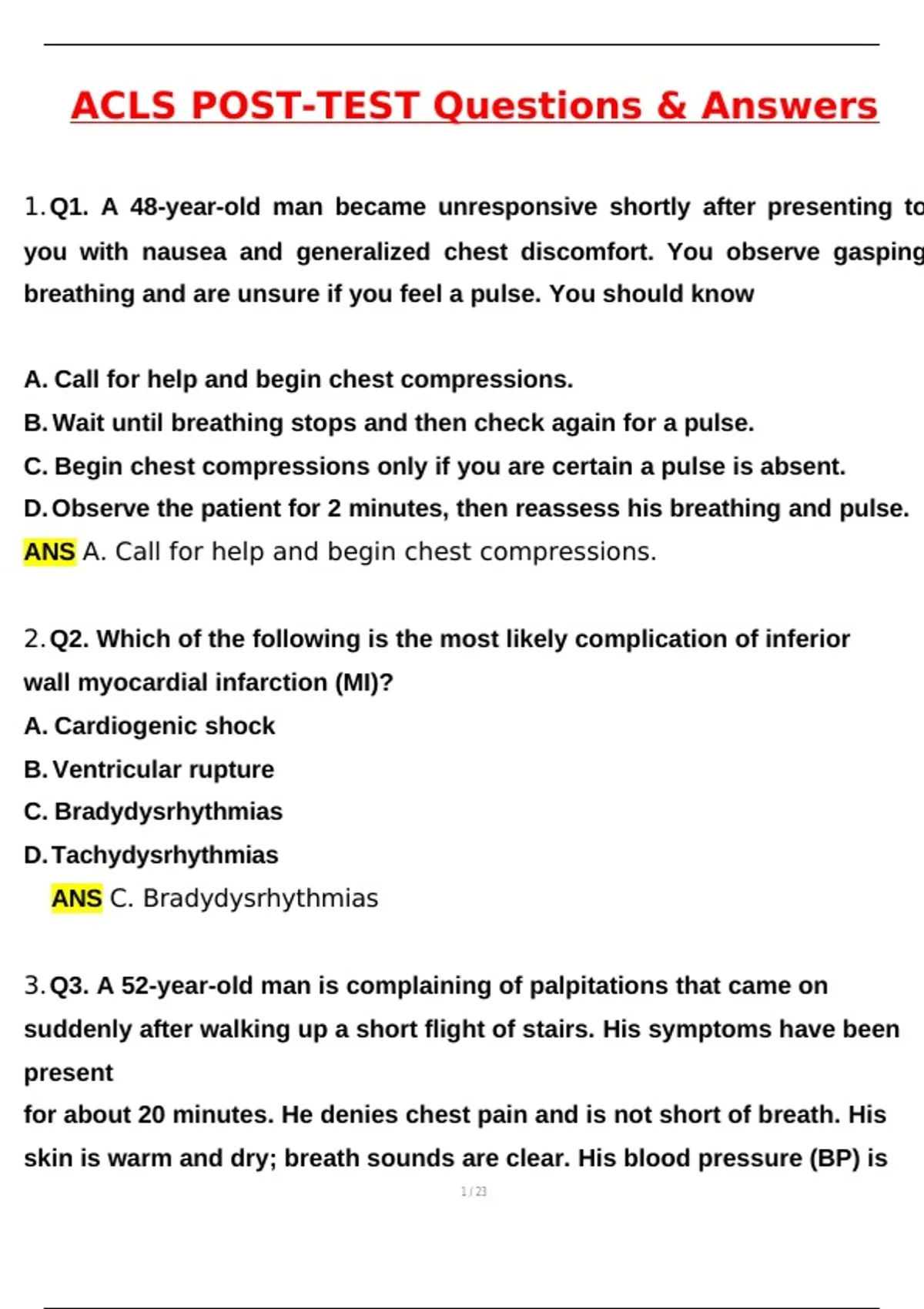 ACLS Post-Test Actual 2025 Newest Updated Questions and Correct Answers ...
