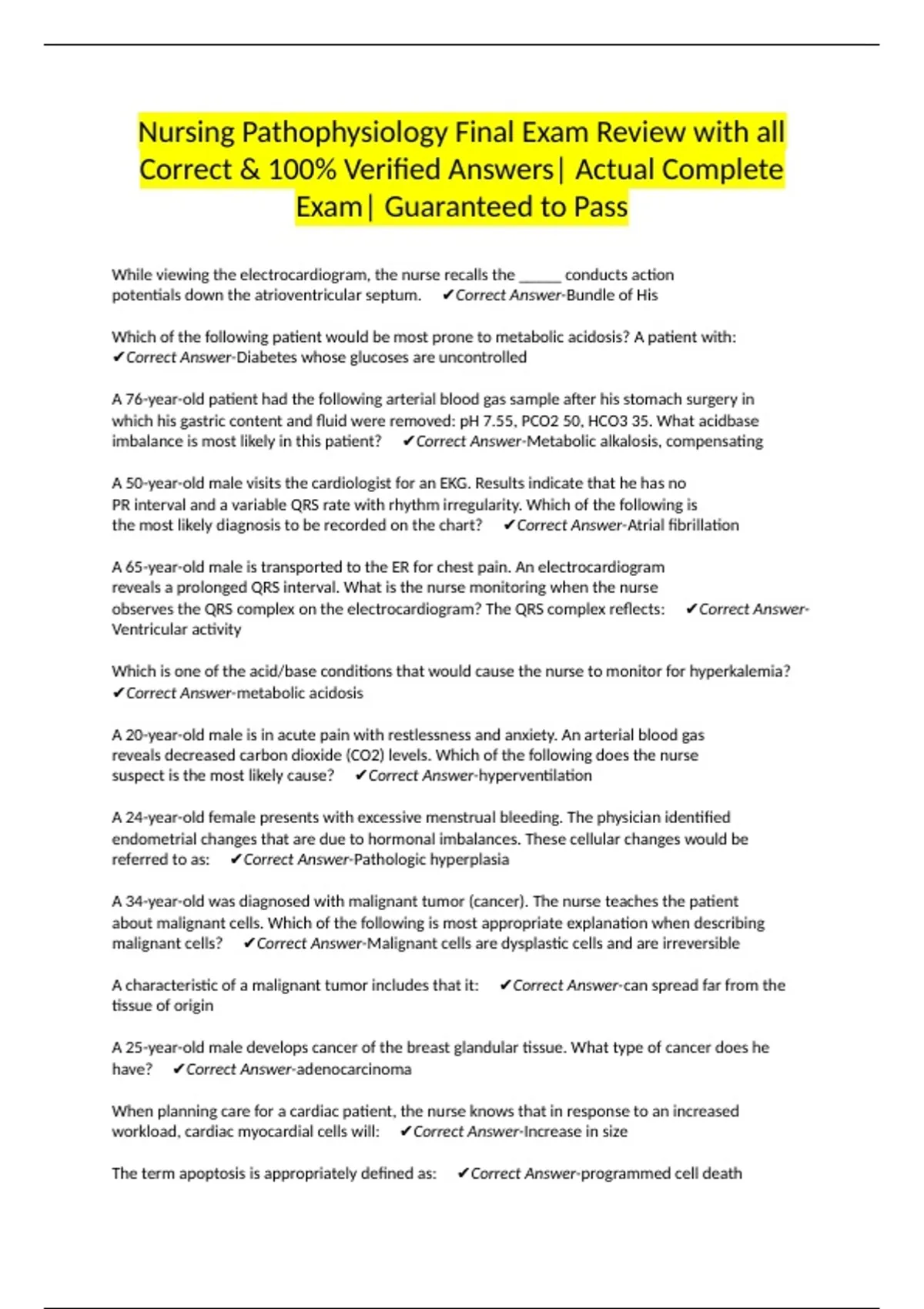 Nursing Pathophysiology Final Exam Review with all Correct & 100% ...