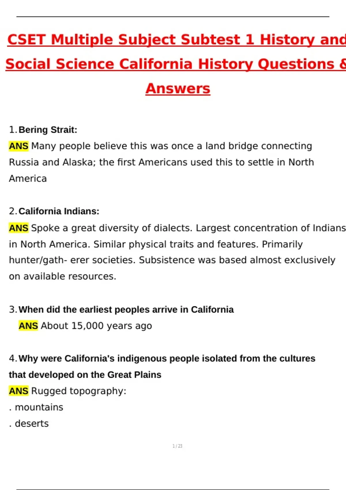 CSET Multiple Subject Subtest 1 History and Social Science California ...